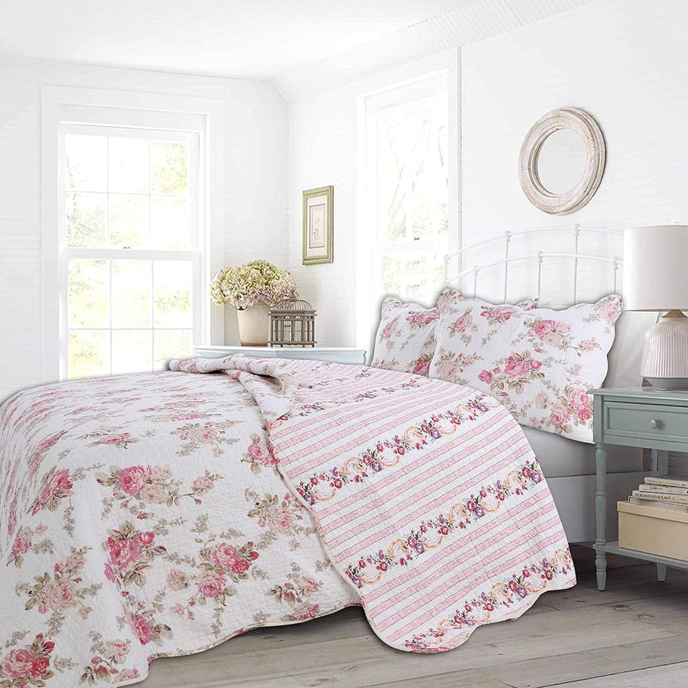 Romantic Pink Peony Floral 100% Cotton Reversible Quilt Bedding Set ...