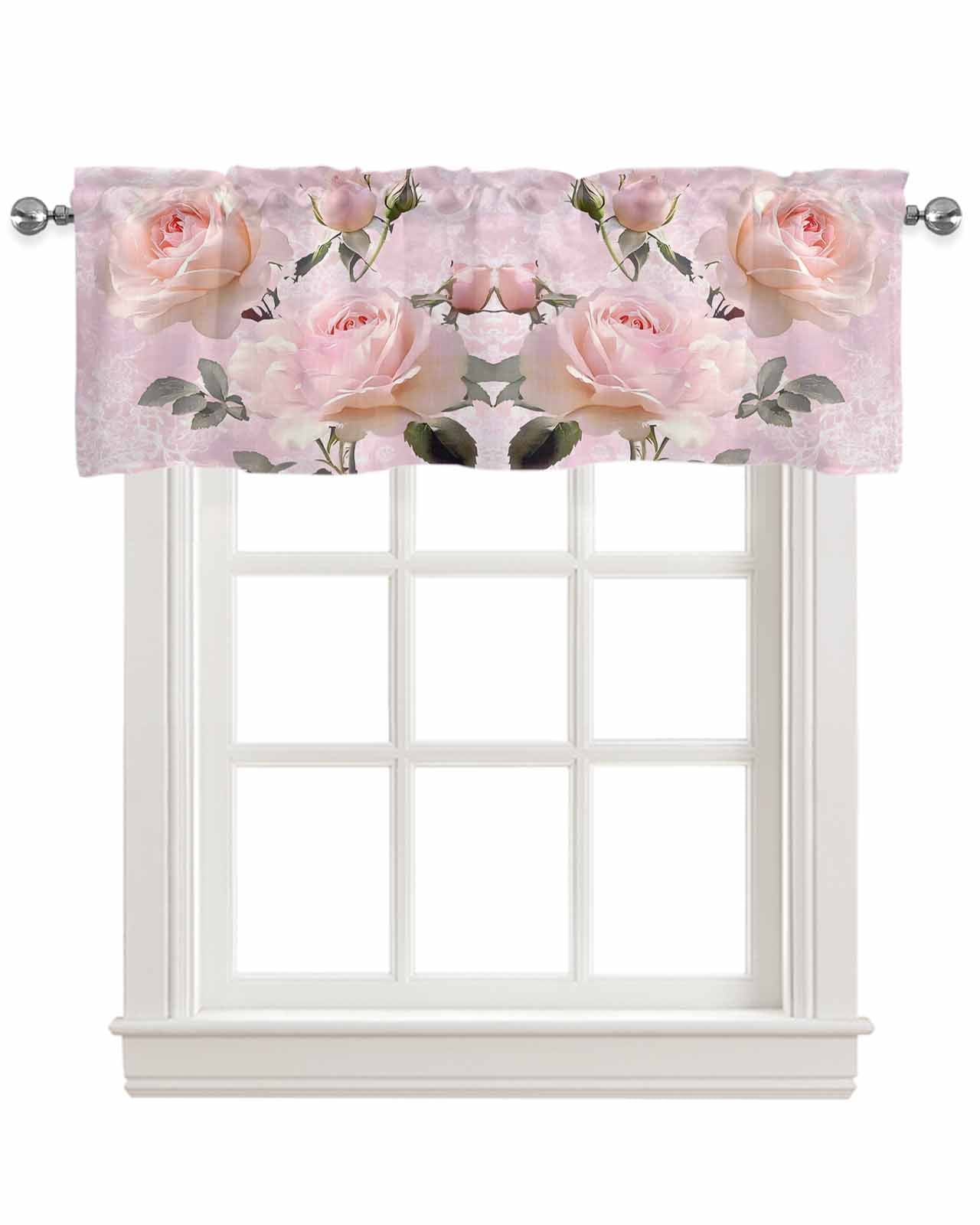 Romantic Pink Roses Kitchen Valances for Windows Farmhouse Linen Window ...
