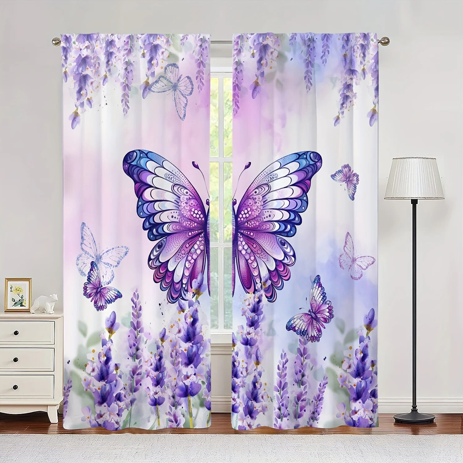 Romantic Purple Butterfly And Flowers Printed Curtains Kitchen Living ...