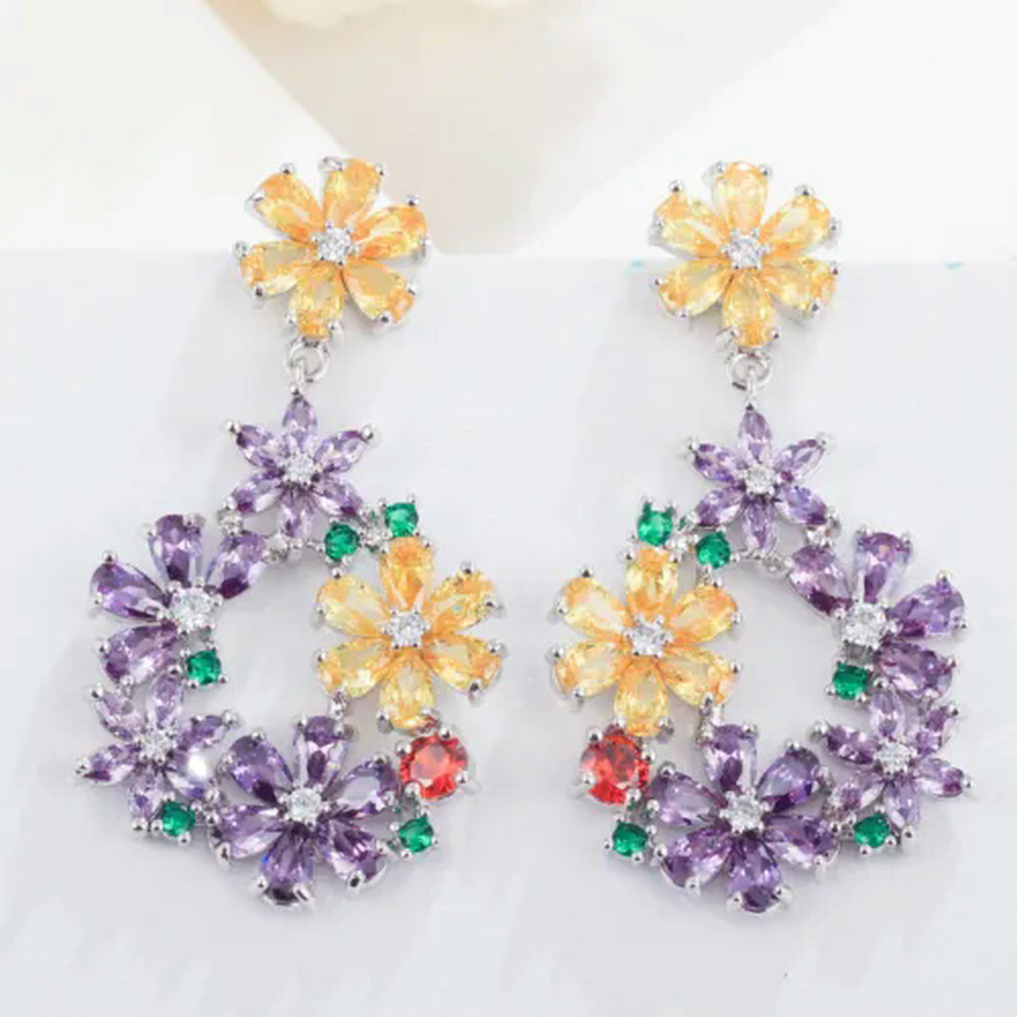 Romantic Purple Cubic Zirconia Stone Women Big Long Water Drop Flower ...