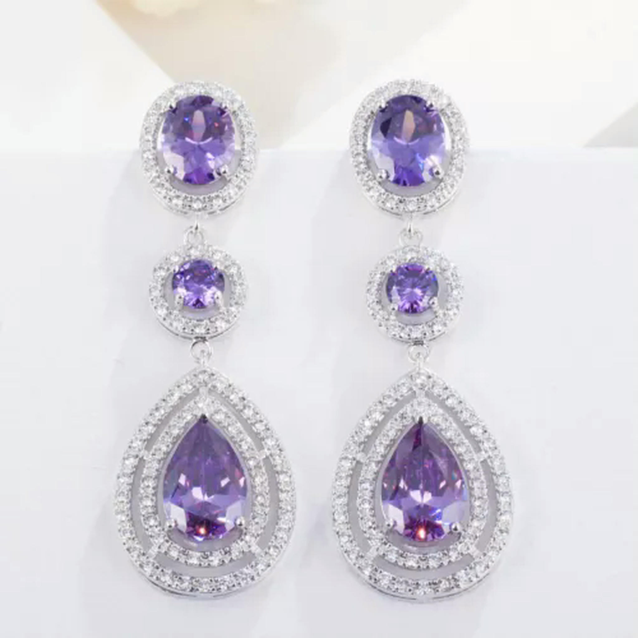 Romantic Purple Cubic Zirconia Stone Women Big Long Water Drop Flower ...
