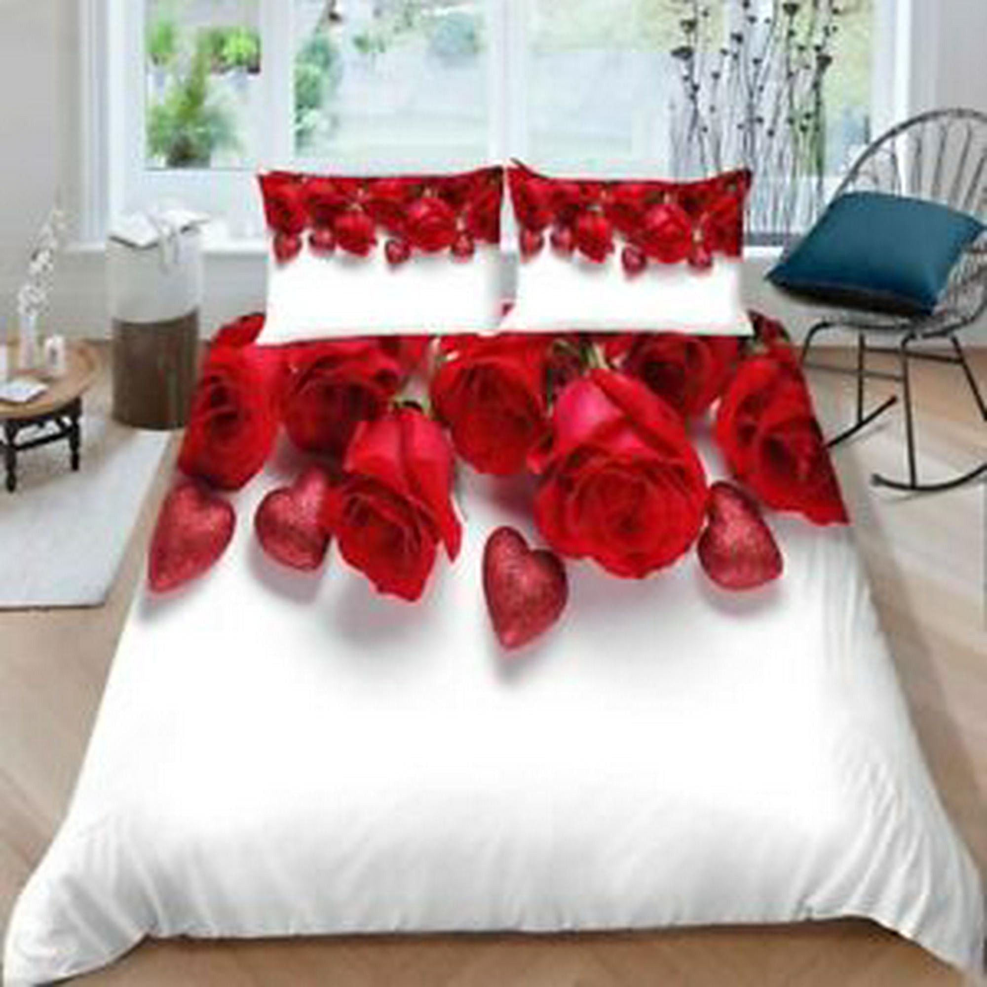 Romantic Red Hearts & Floral Roses 3D Quilt Bedding Set with Pillow ...