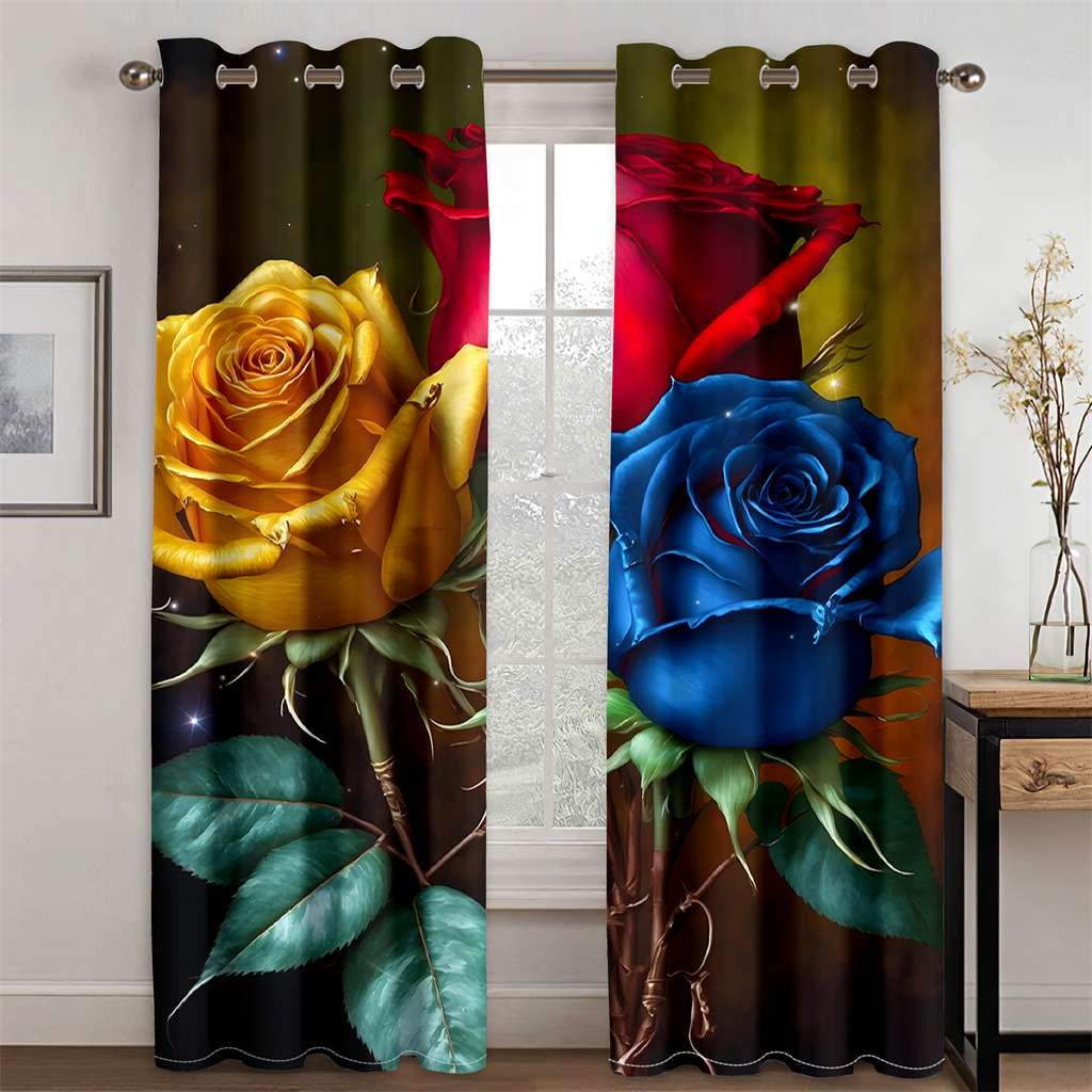 Romantic Red Rose Flower Floral Shiny Window Curtains Blinds For Living ...