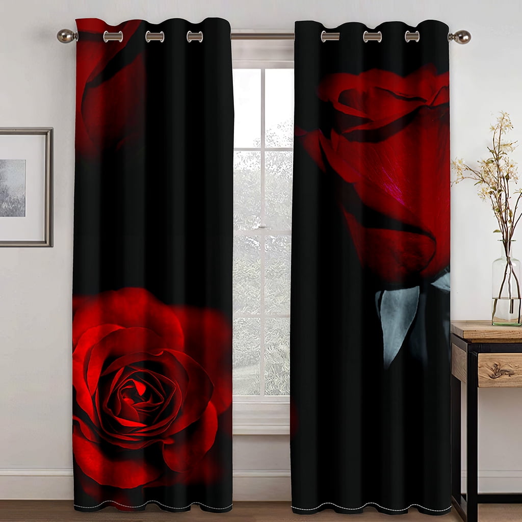 Romantic Red Rose Flower Floral Shiny Window Curtains Blinds For Living ...