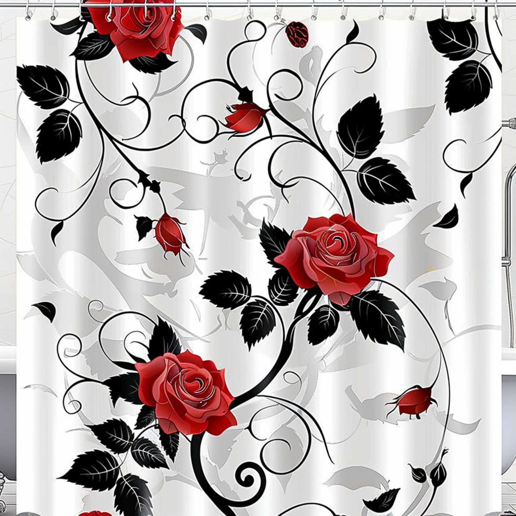 Romantic Red Rose Shower Curtain With Black Leaves Elegant Floral