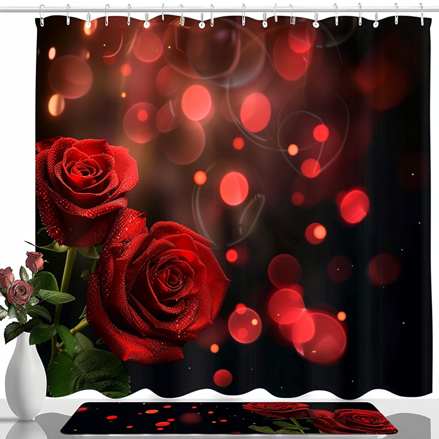 Romantic Red Roses 3D Printed Bathroom Set with Bokeh Effect Valentine ...