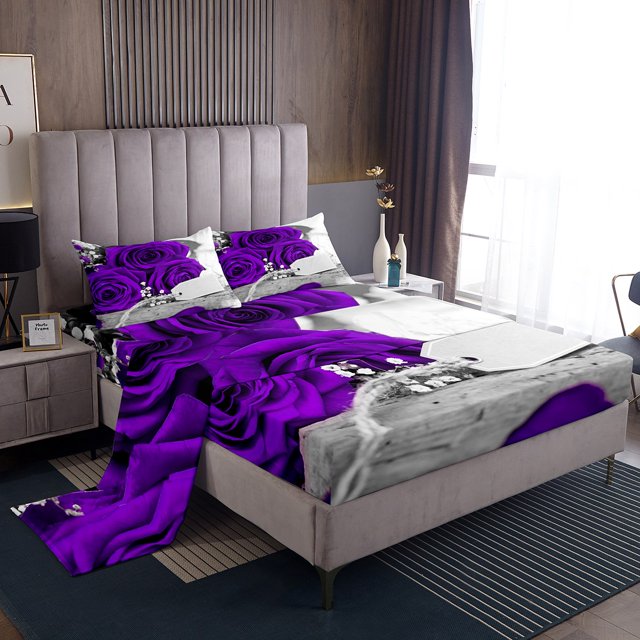 Romantic Rose Bed Sheets Set Queen, Purple Rose Floral Sheet Set for ...