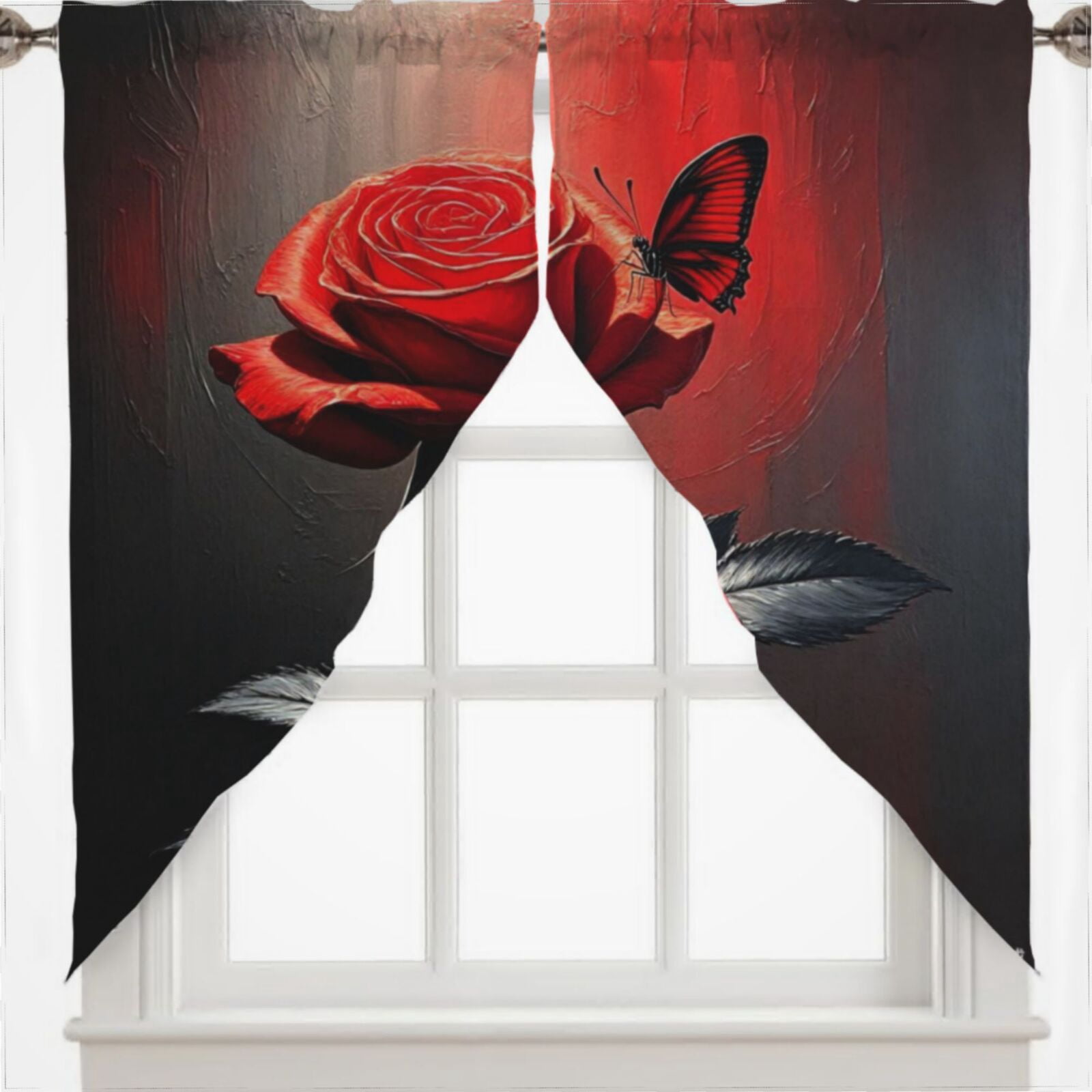 Romantic Rose Butterfly Grey And Red Swag Valances For Windows 2 Pack ...