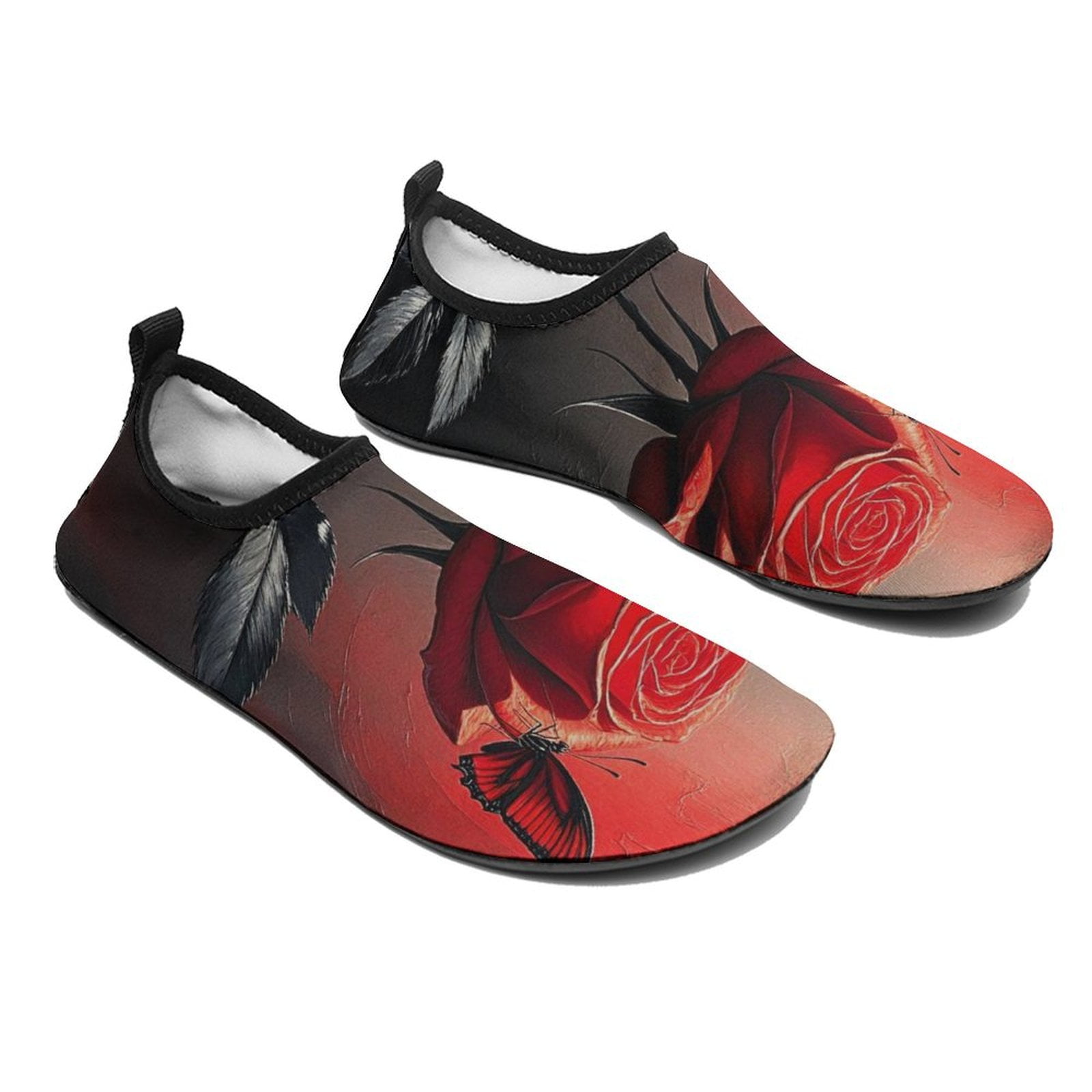 Romantic Rose Butterfly Grey And Red Water Shoes Beach Slip-on Shoes ...