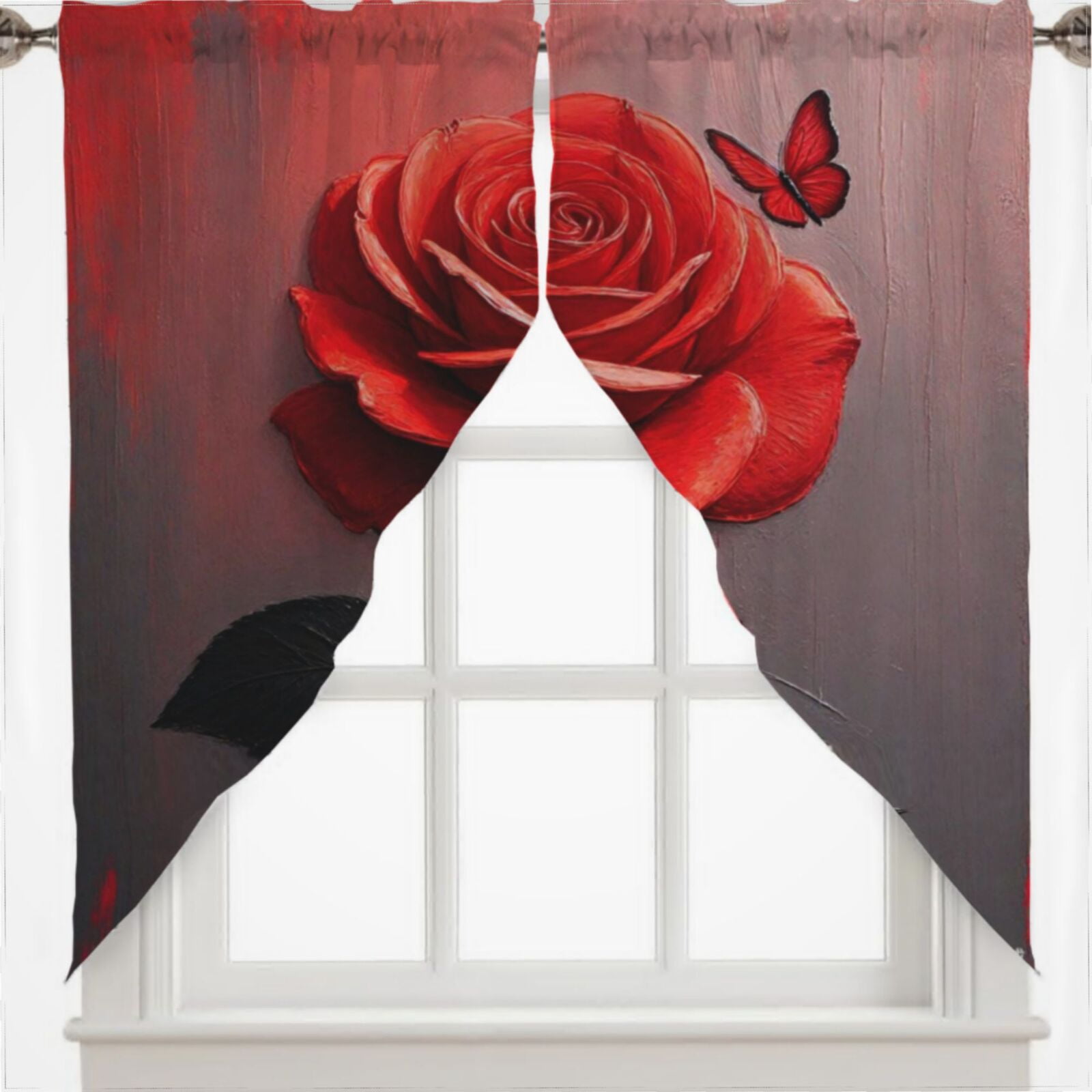Romantic Rose Grey And Red Swag Valances For Windows 2 Pack For Kitchen ...