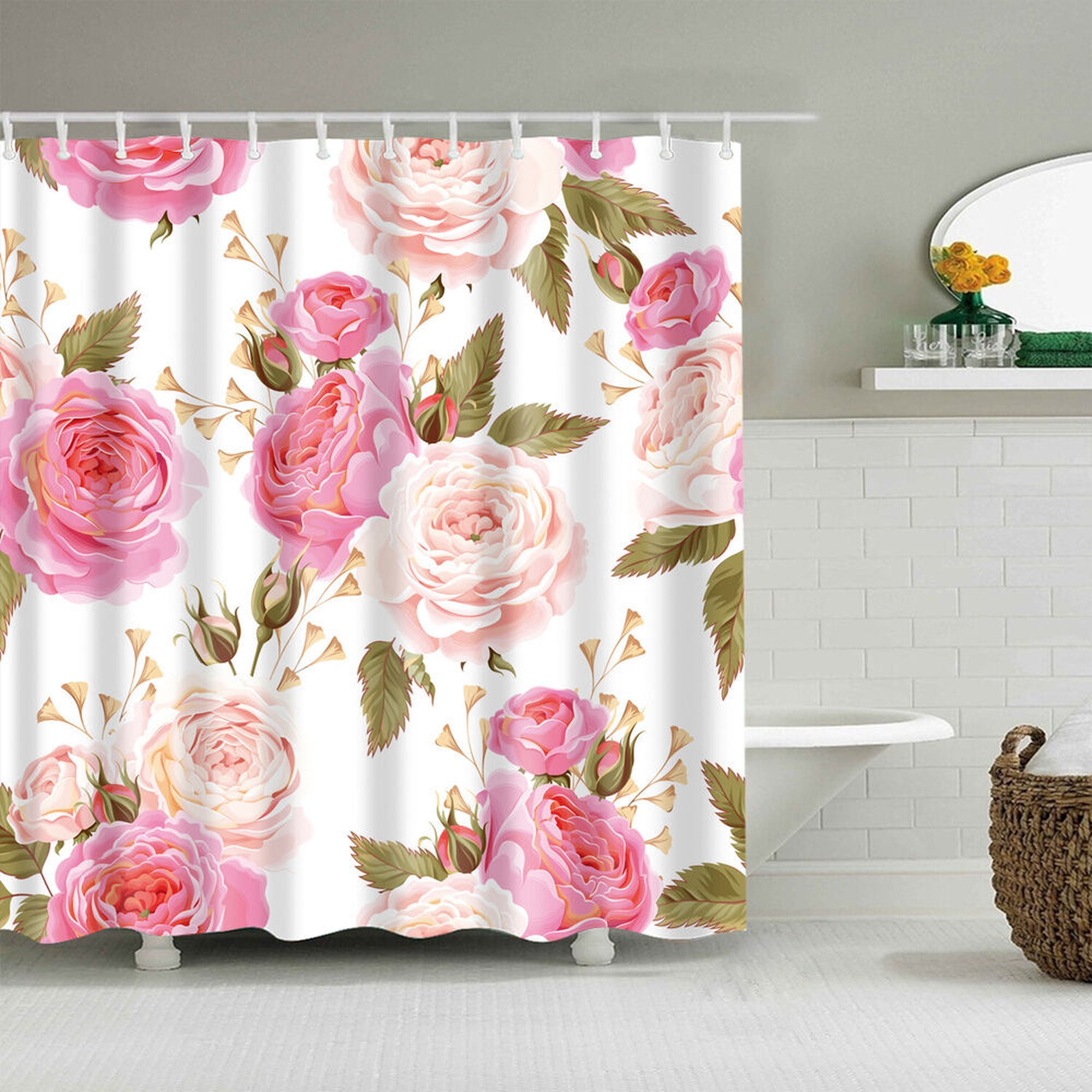 Romantic Rose Shower Curtain Floral Print Bathroom Decor with Hooks ...