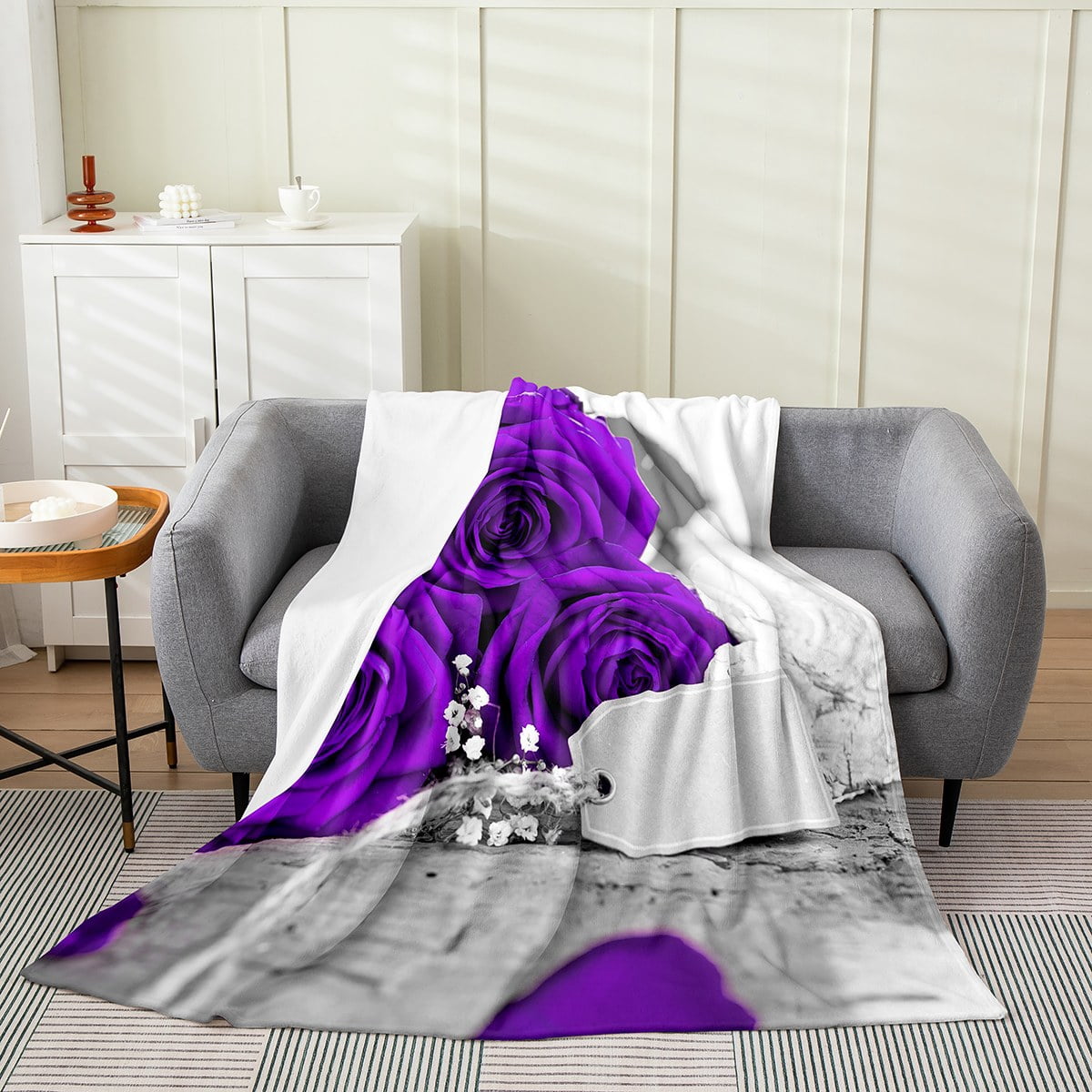 Romantic Rose Throw Blanket Queen Size, Purple Rose Floral Flannel ...