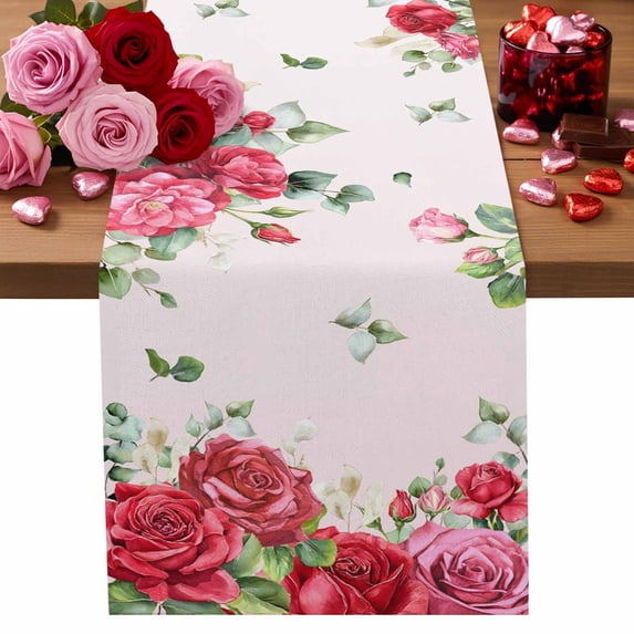 Romantic Roses Cotton Linen Table Runner Eucalyptus Leaf Valentine's ...