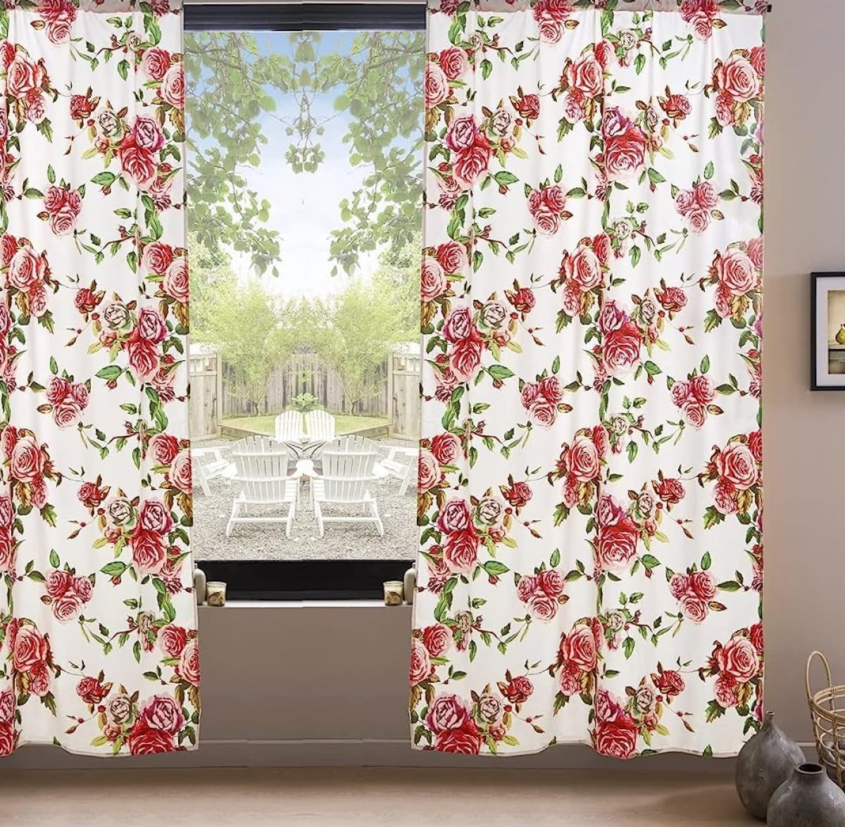 Romantic Roses Floral Window Curtain Panels - Semi Sheer Cottage ...