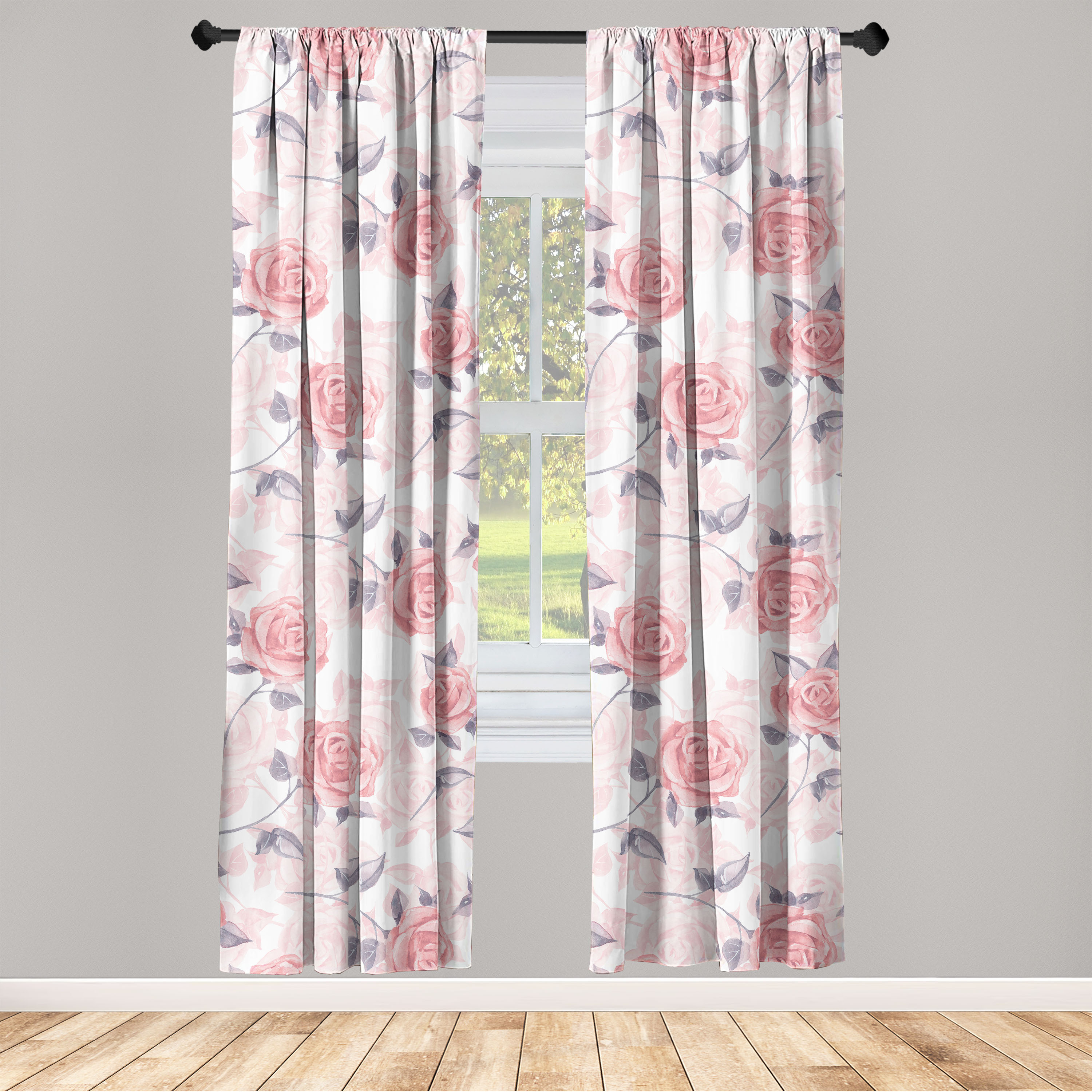 Romantic Roses Window Curtains, Soft Colors Floral Boho Garden Scene ...