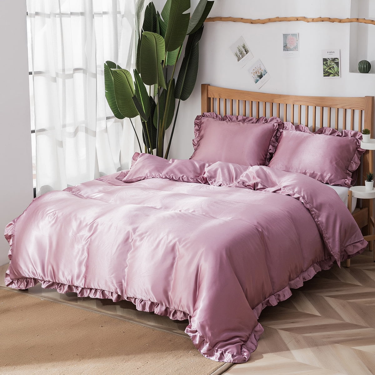 Romantic Ruffle Satin Silk Duvet Cover Full Size Purple Luxury Solid ...
