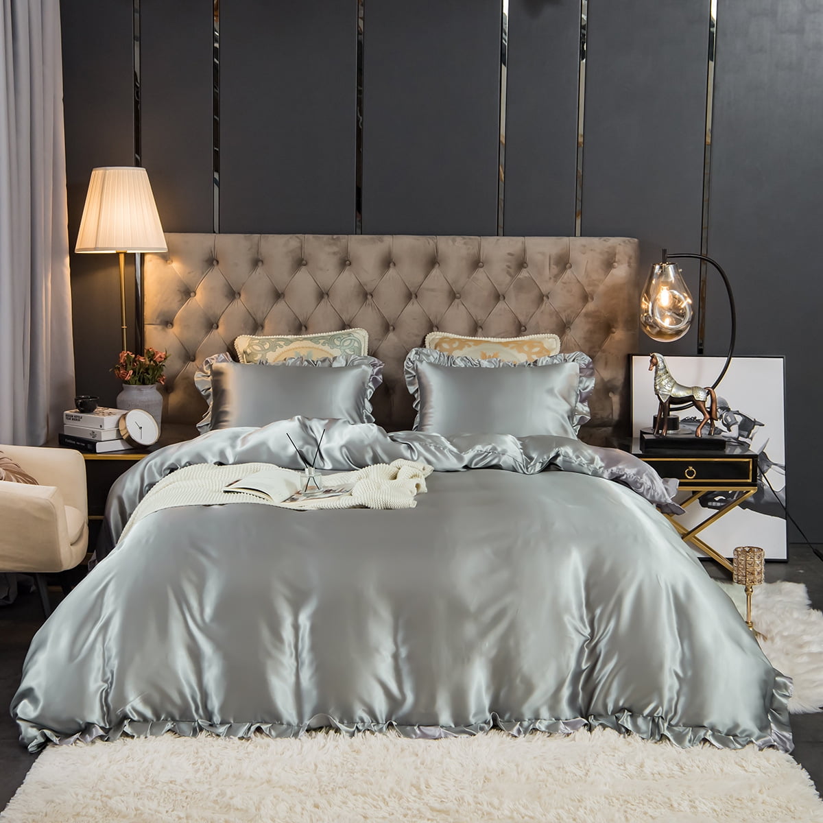 Romantic Ruffle Satin Silk Duvet Cover Queen Size Grey Luxury Solid ...