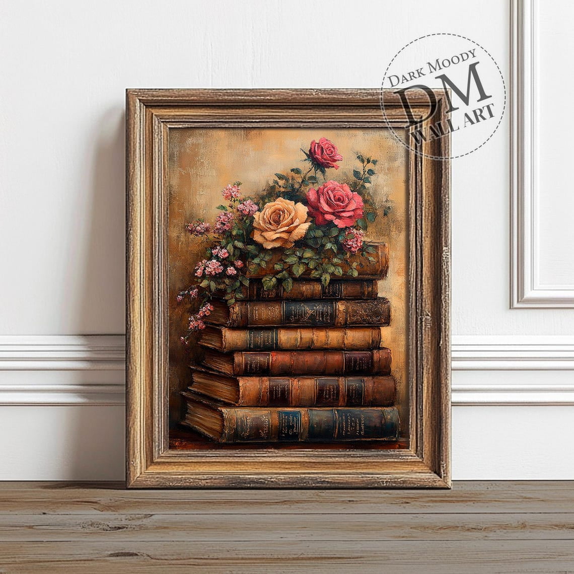 Romantic Stacked Books Wall Art Floral Moody Book Stack Art Vintage ...