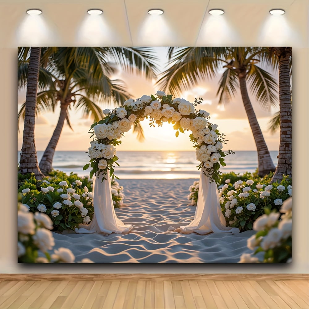 Romantic Sunset Beach Wedding Arch - Polyester, Tropical Palm Trees ...