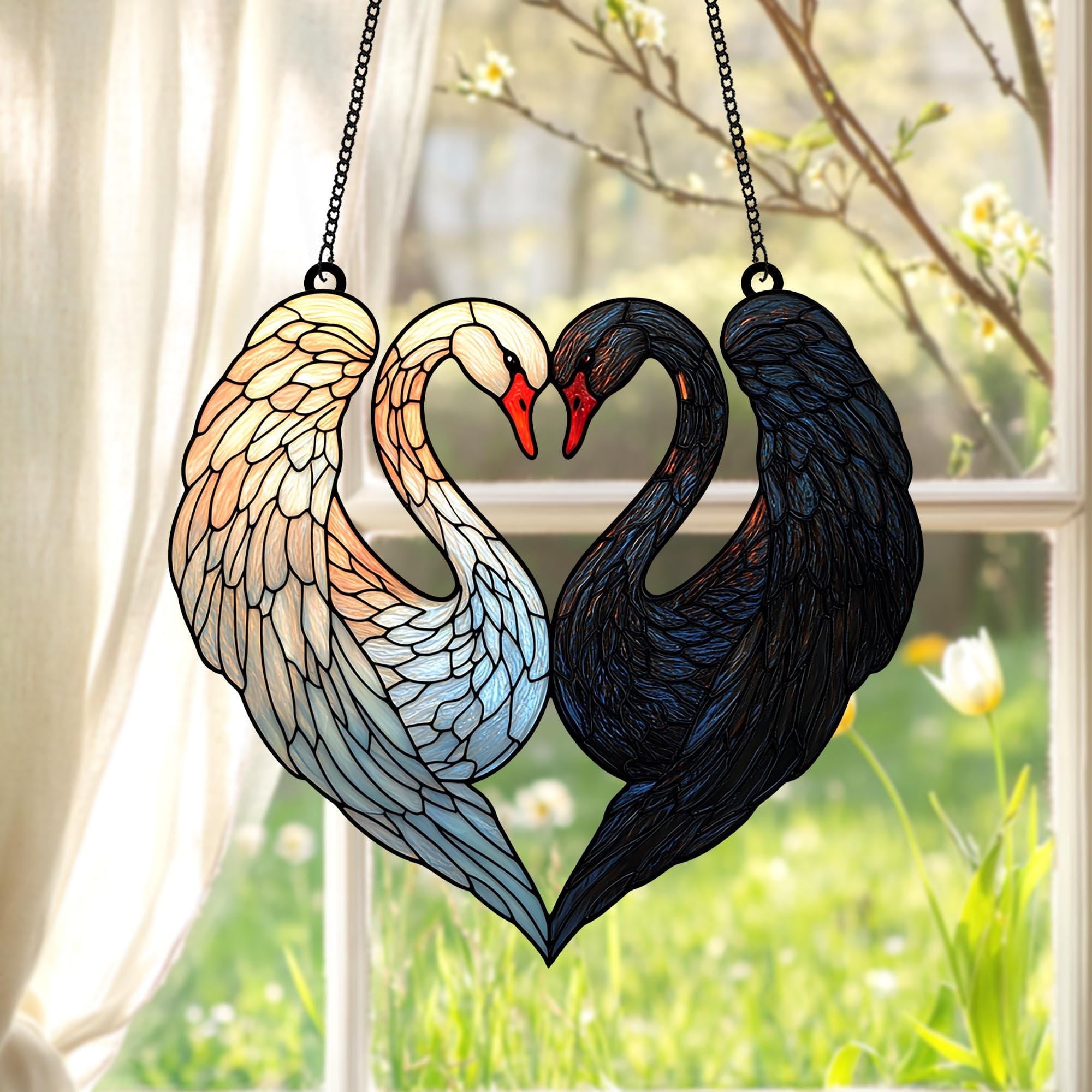 Romantic Swan Acrylic Suncatcher â€“ Faux Stained Glass Bird Window ...