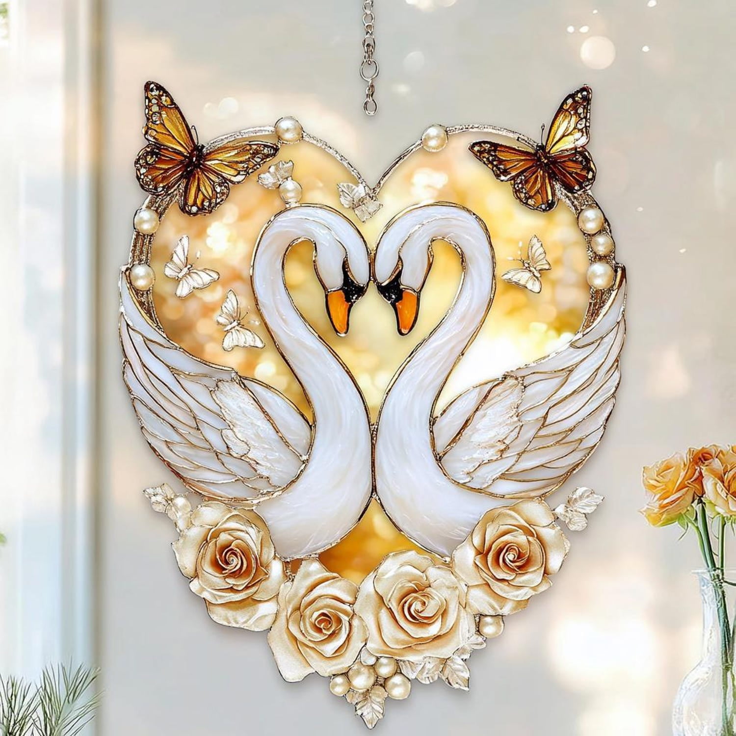 Romantic Swan Couple Stained Glass Acrylic Suncatcher, Heart Window ...