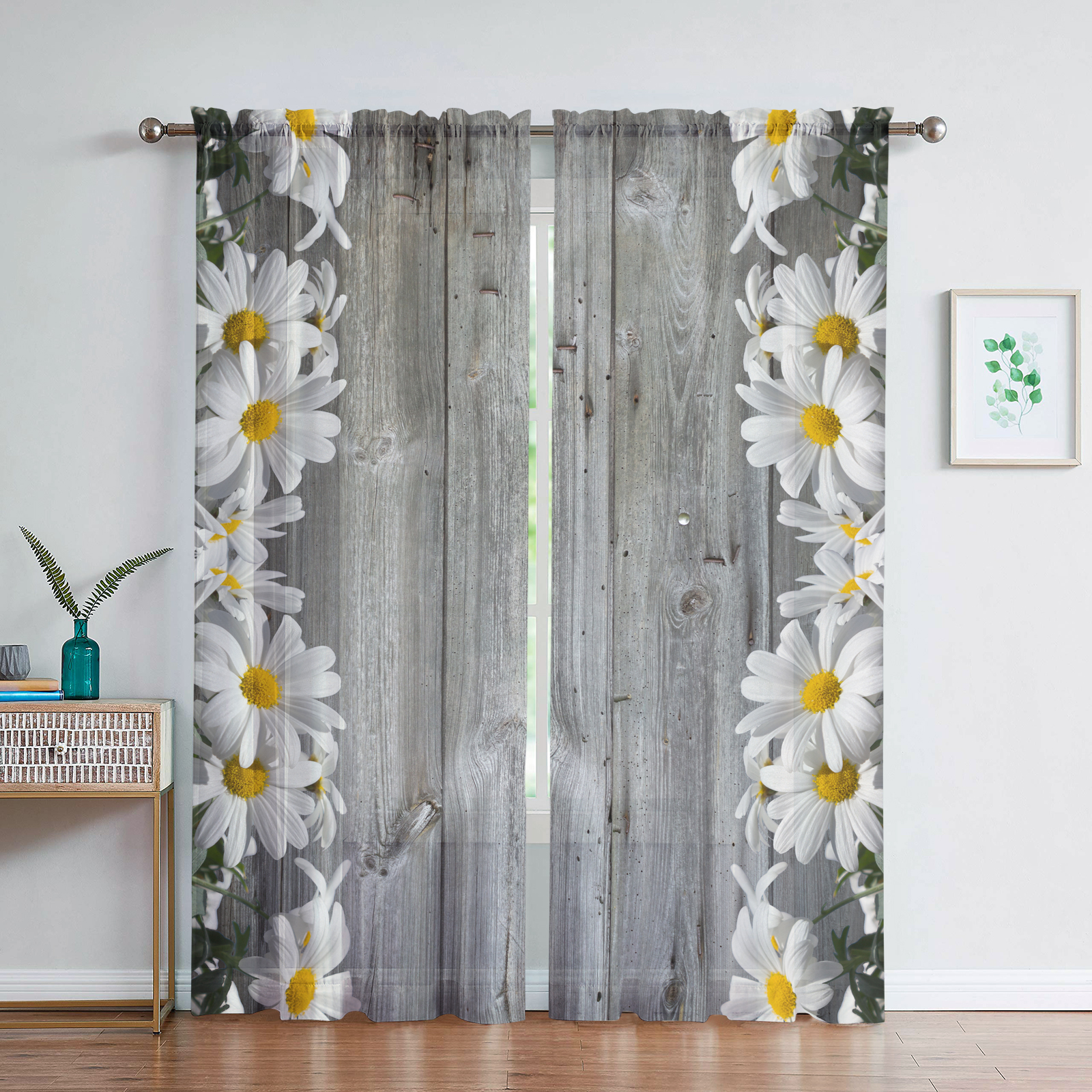 Romantic Sweet Flowers Leaves Vintage Wood Grain Sheer Voile Curtains ...