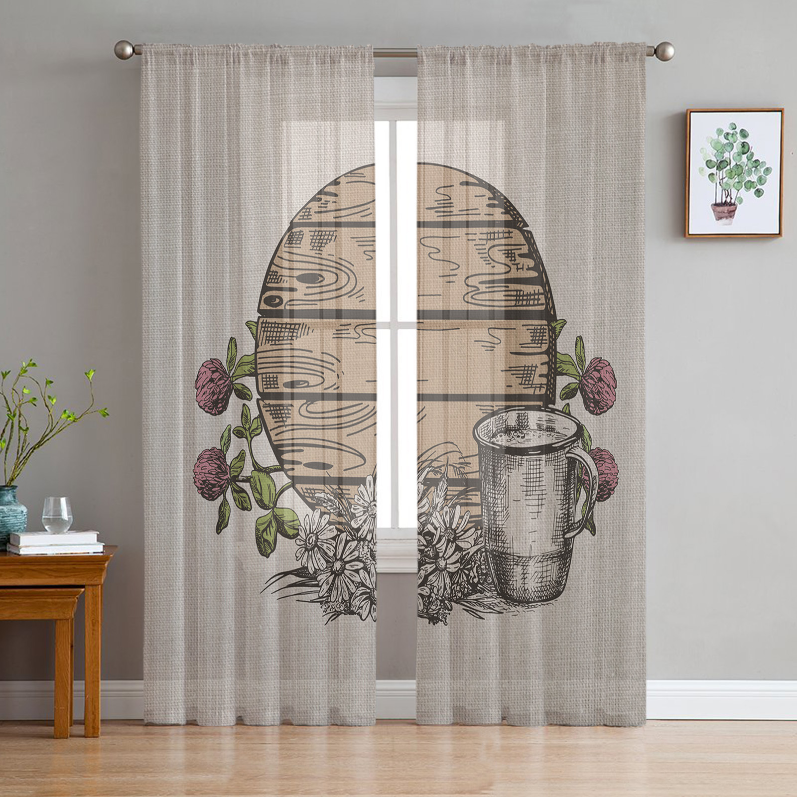 Romantic Sweet Flowers Leaves Vintage Wood Grain Sheer Voile Curtains ...