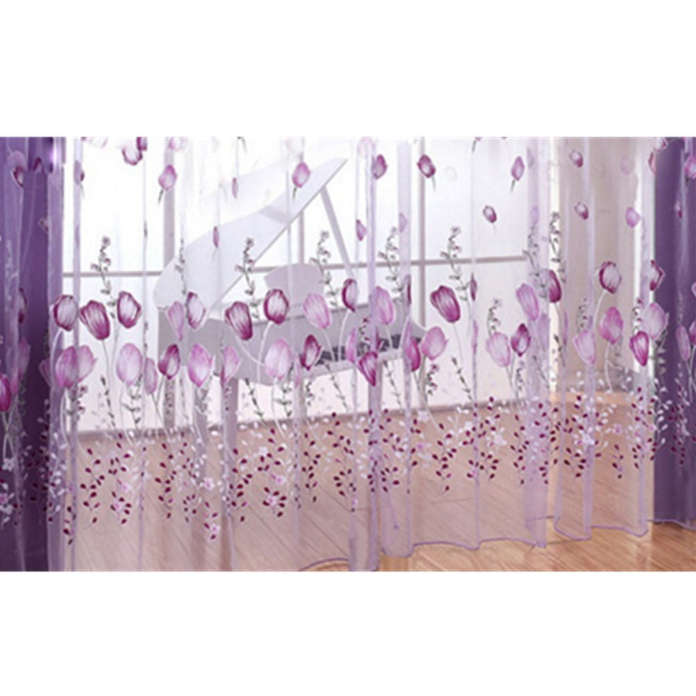 Romantic Tulips Window Voile Curtain Creative Floral Translucent Tulle ...