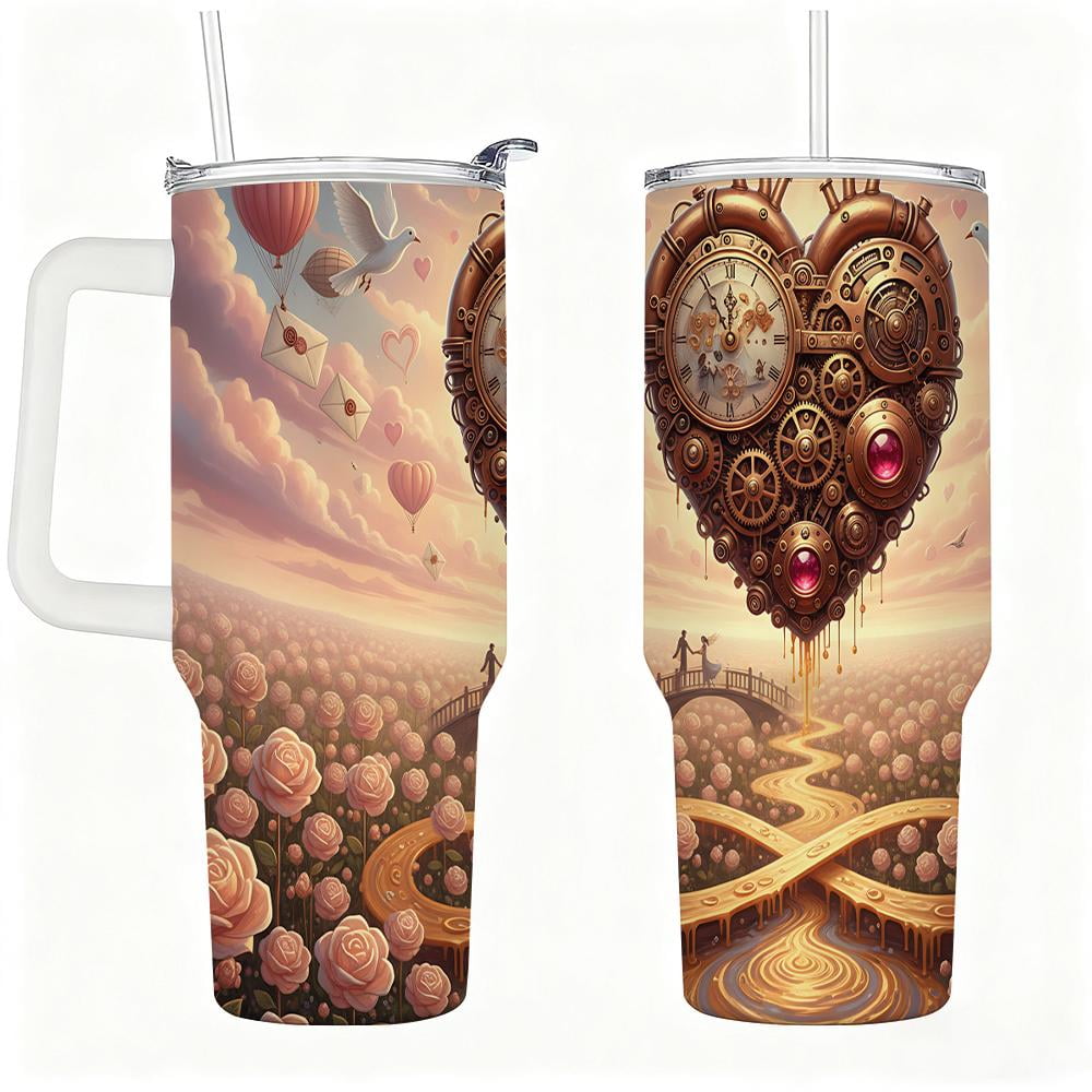 Romantic Valentine Stainless Steel Insulated Travel Cup with Handle and Straw, Mechanical Heart ...