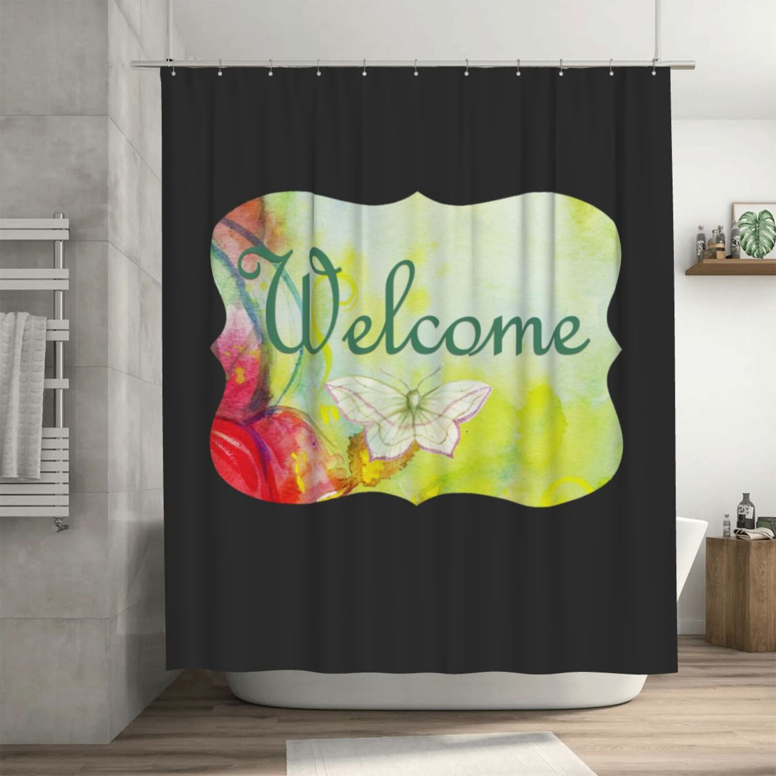 Romantic Welcome Sign Pattern Shower Curtain, Butterfly Waterproof Bath ...