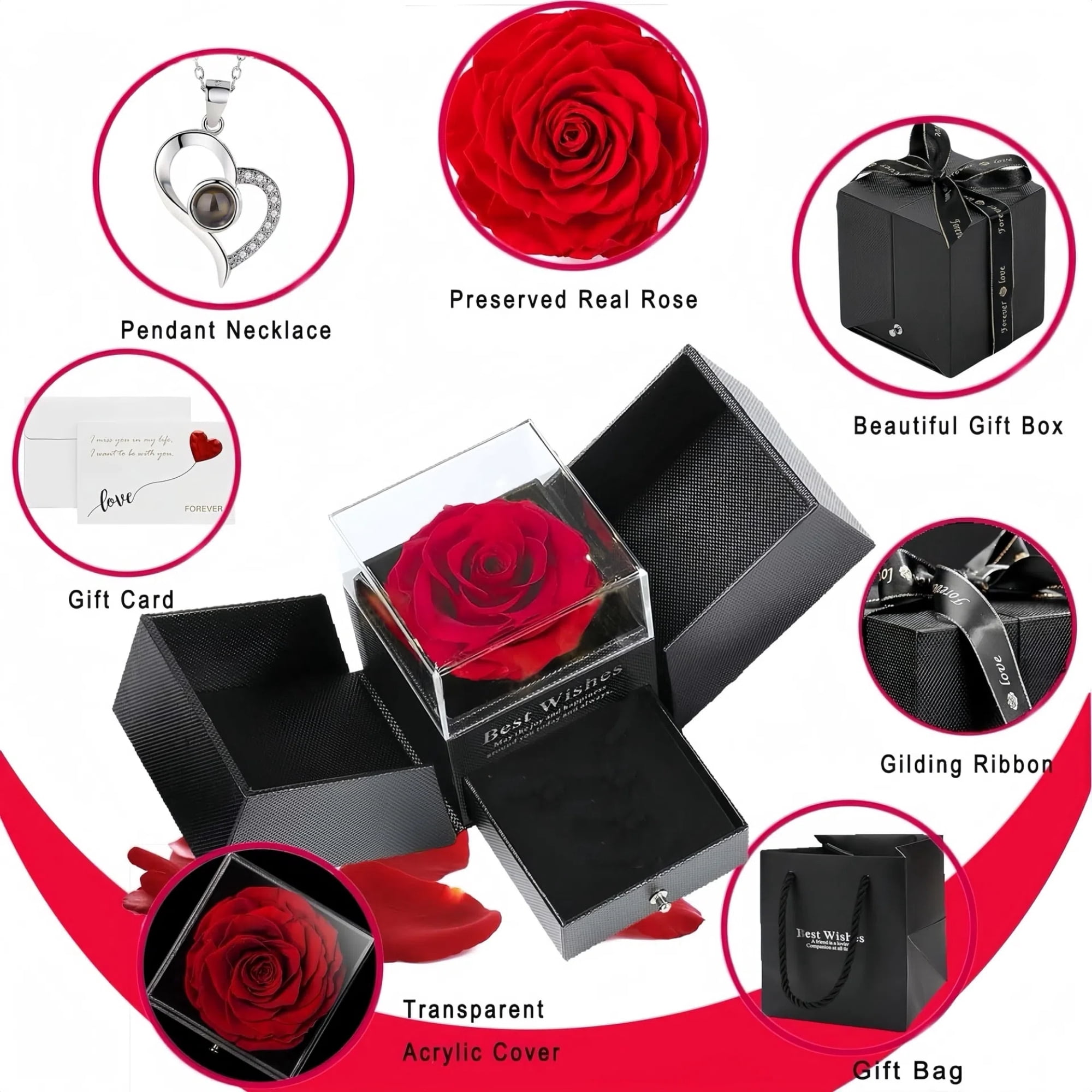 Romantic heart-shaped diamond necklace paired with eternal flower gift ...