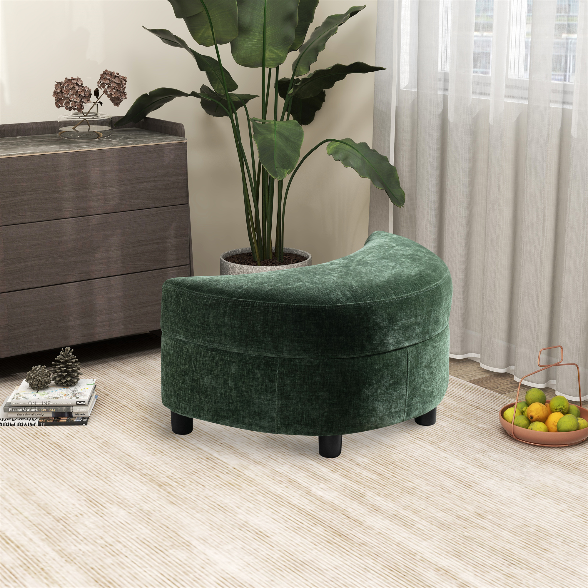 Romatko 32.7"W Chenille Upholstered Half Crescent Moon Storage Bench ...