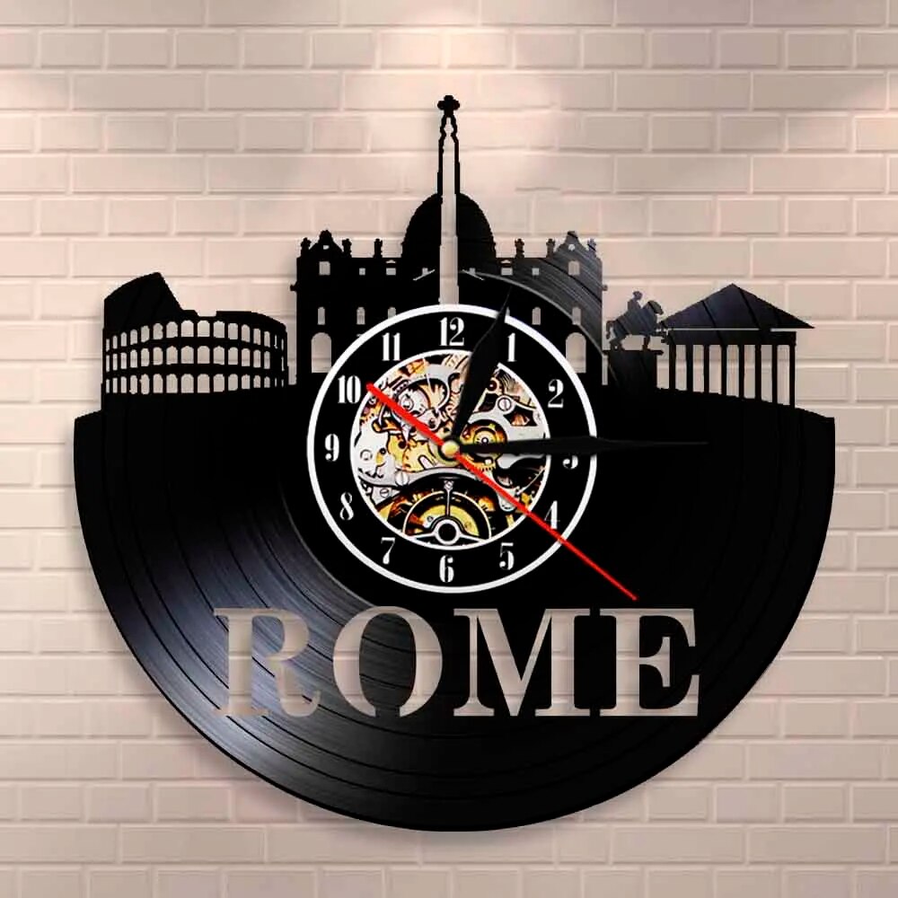Rome Skyline Vinyl Wall Clock,Vinyl Record Clock Wall Art Black ...