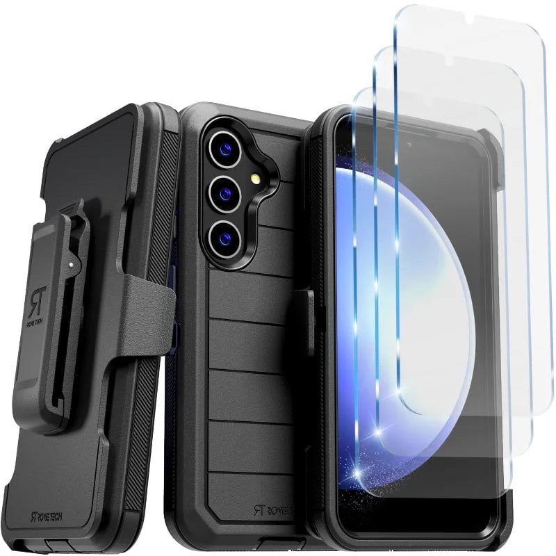 Rome Tech Samsung Galaxy S24 Case with Belt Clip - Black + 3-Pack Glass ...