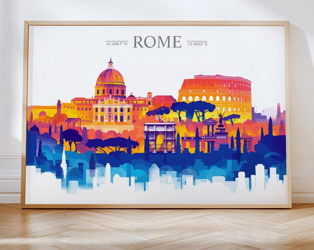 Rome Travel Poster Skyline Wall Art Landscape, Travel Print Of Rome ...