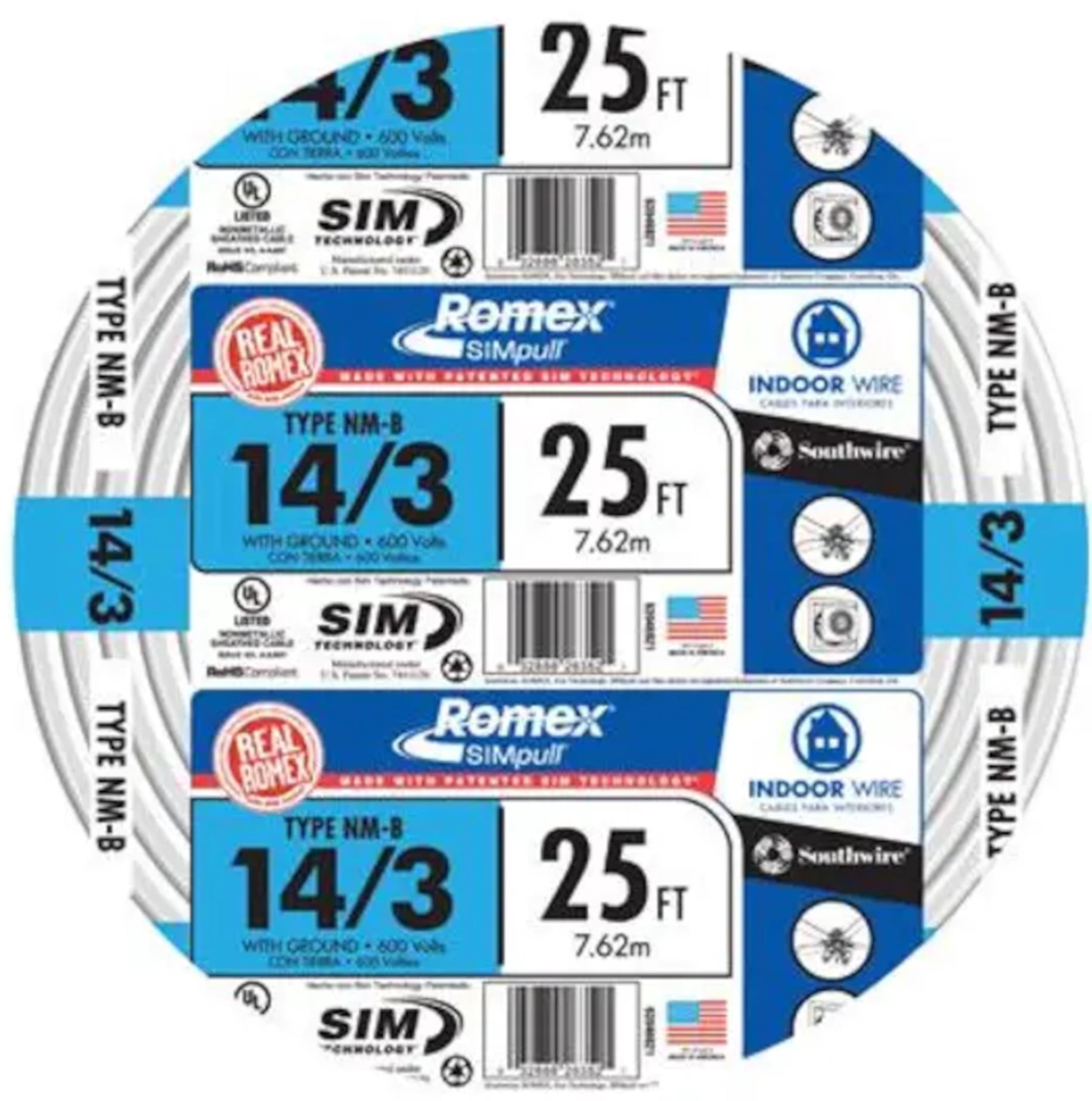 Southwire Romex 25 Ft. 14-3 Solid White NMW/G Electrical Wire, 63946921 ...