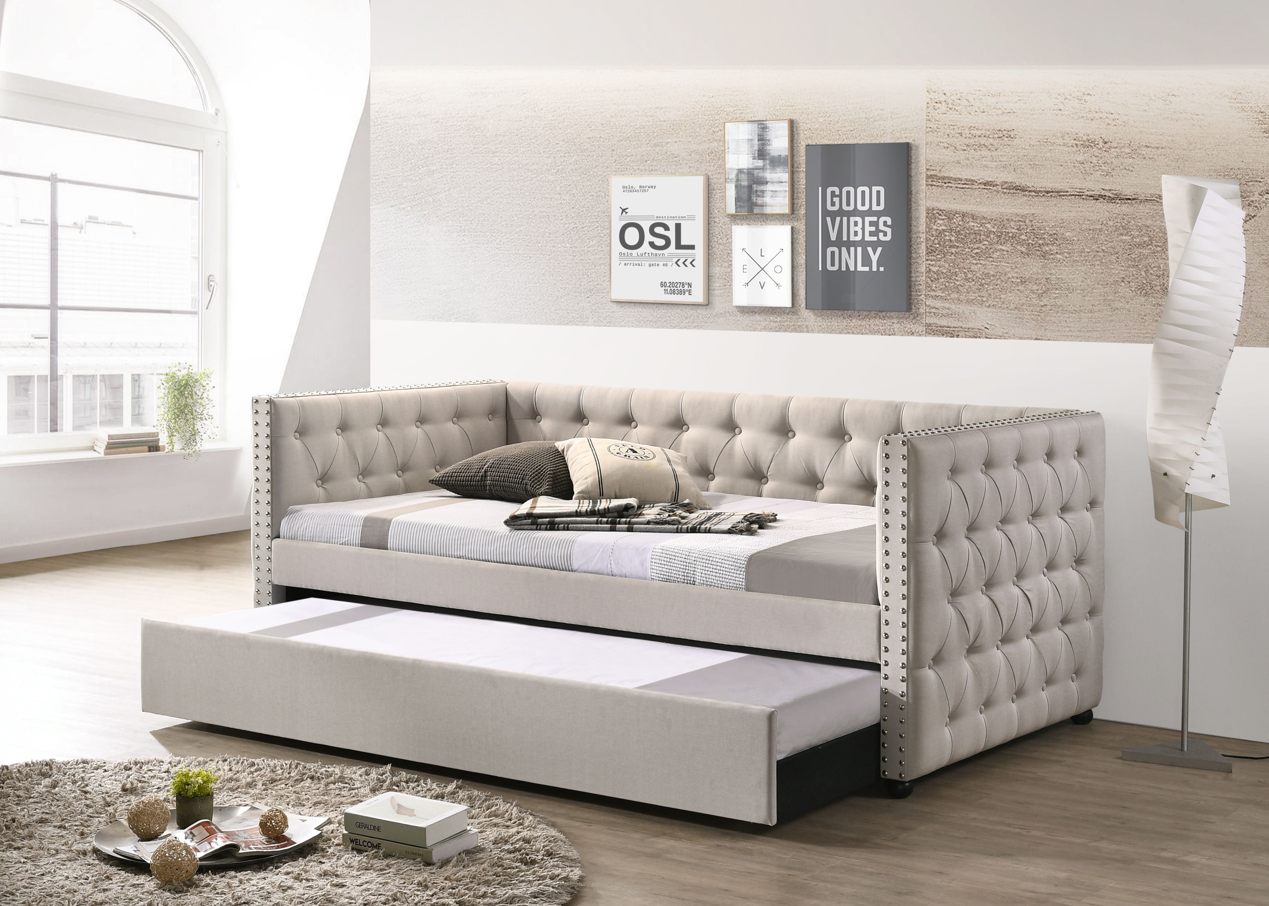 Romona Beige Fabric Full Size Daybed with Trundle - Button Tufted ...
