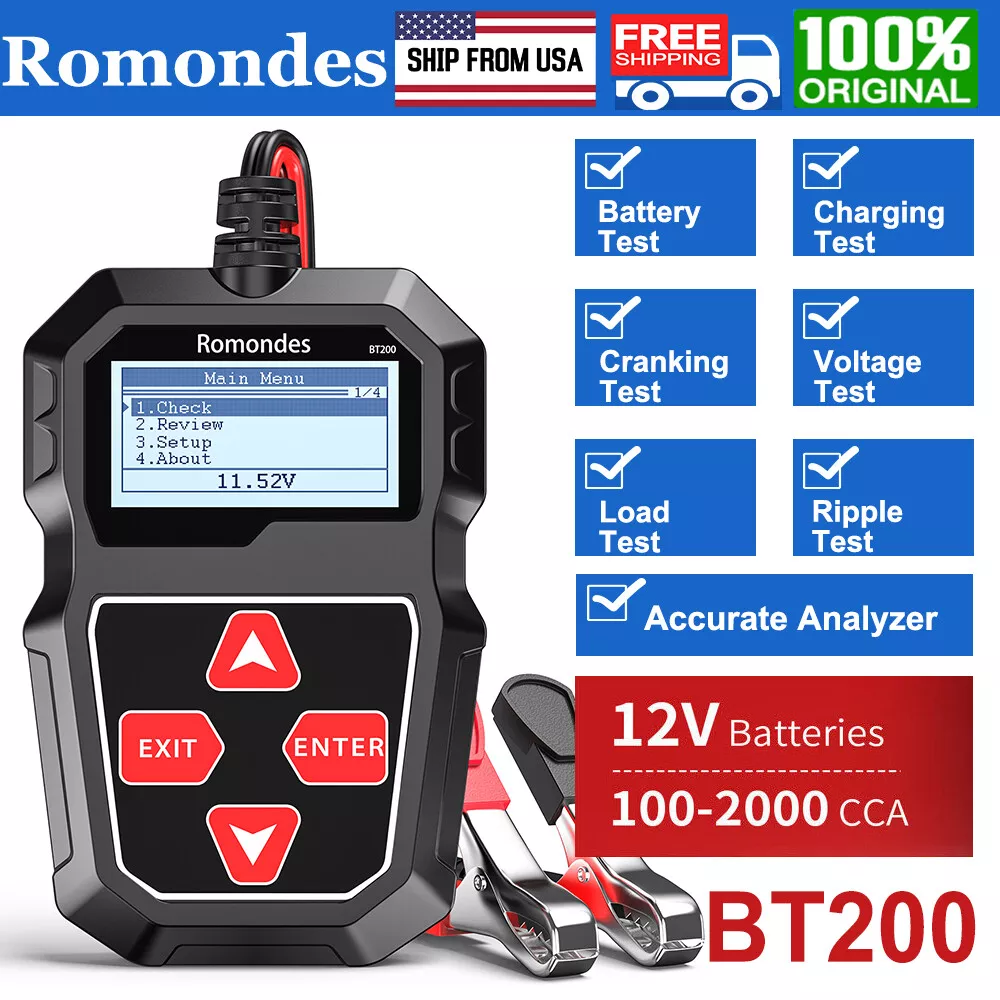 Romondes BT200 12V Car Battery Tester Load Test Charge Test 100-2000 ...