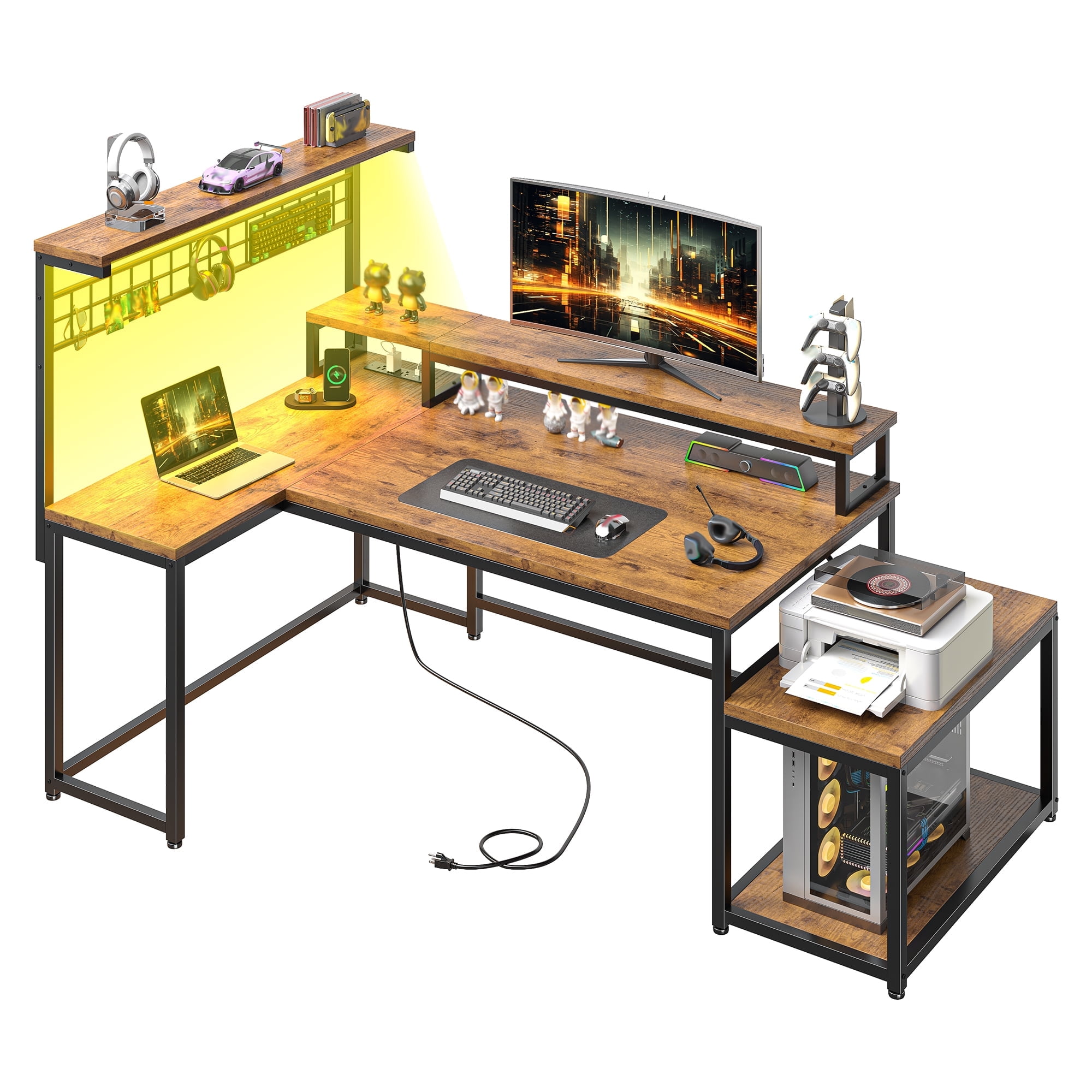 Romorgniz 55.6"W L Shaped Computer Desk with LED Lights & Power Outlets ...