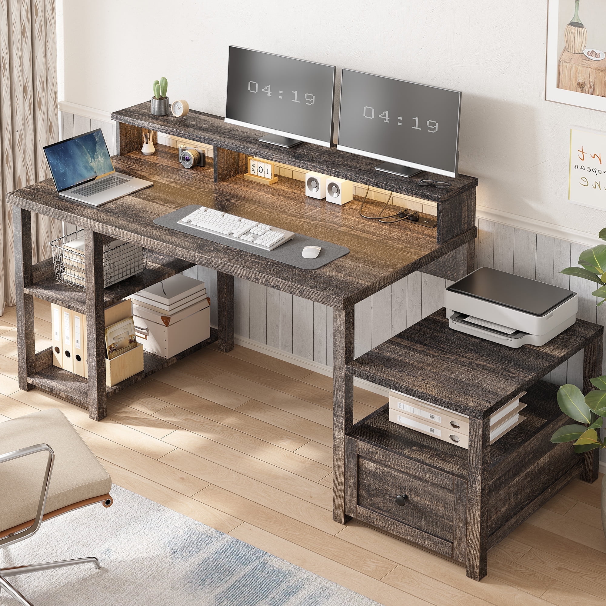 Romorgniz 60" Computer Desk Office Desk with Power Outlets & LED Light ...