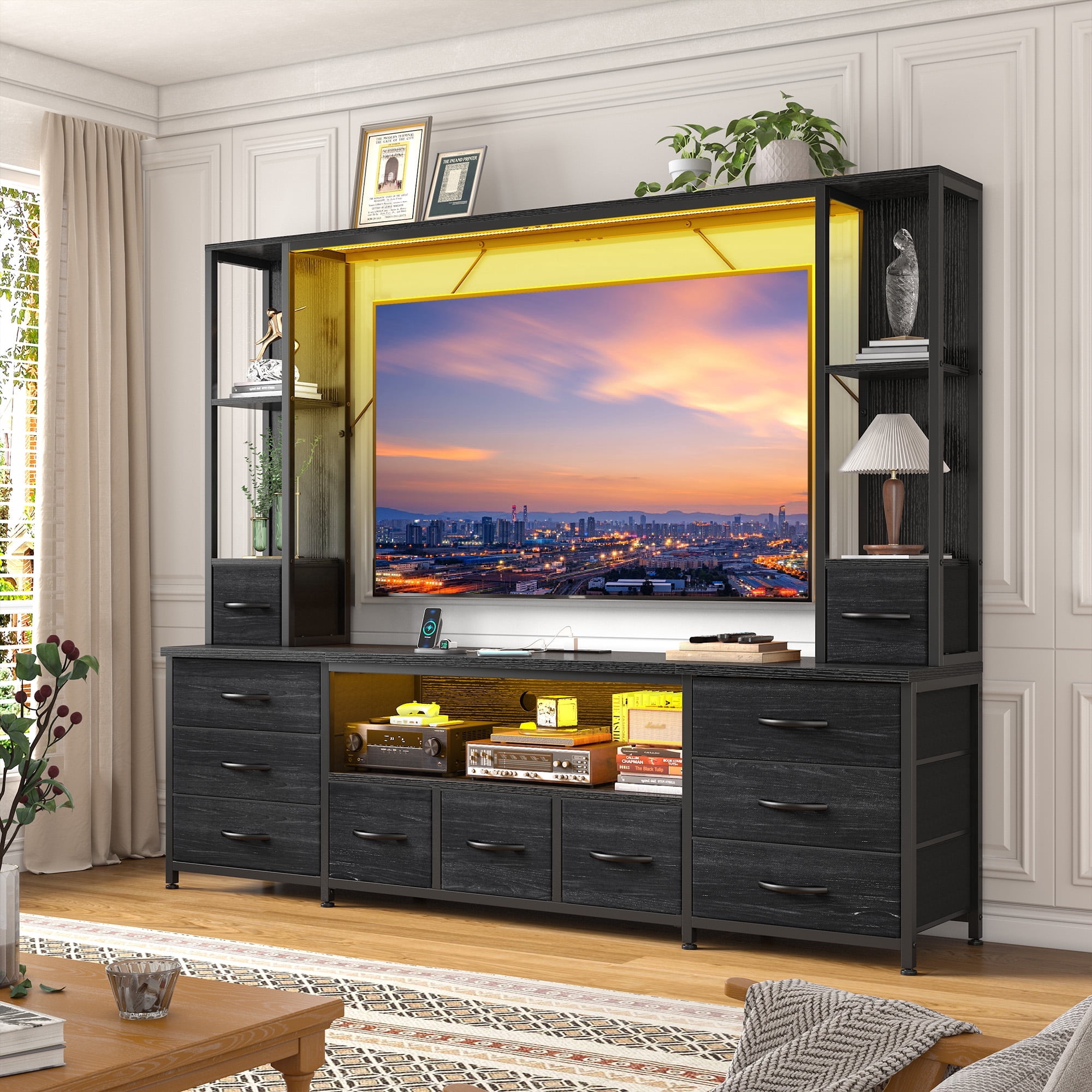 Romorgniz 65 inch TV Stand with 11 Fabric Drawers,LED Lights & Power ...