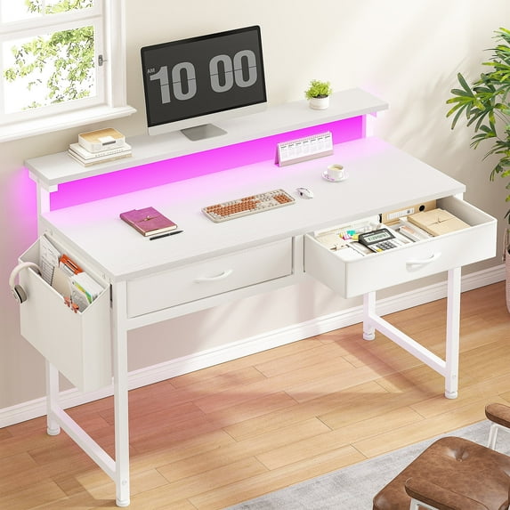Romorgniz Computer Desk with LED Lights, 2 Fabric Drawers & Side Pocket ...