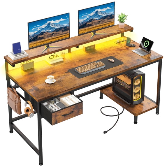 Romorgniz Computer Desk with Power Outlet, Adjustable CPU Stand, Fabric ...