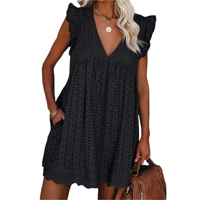 Romper Dress with Lined Shorts and Pockets Women Ruffle Sleeve Casual ...