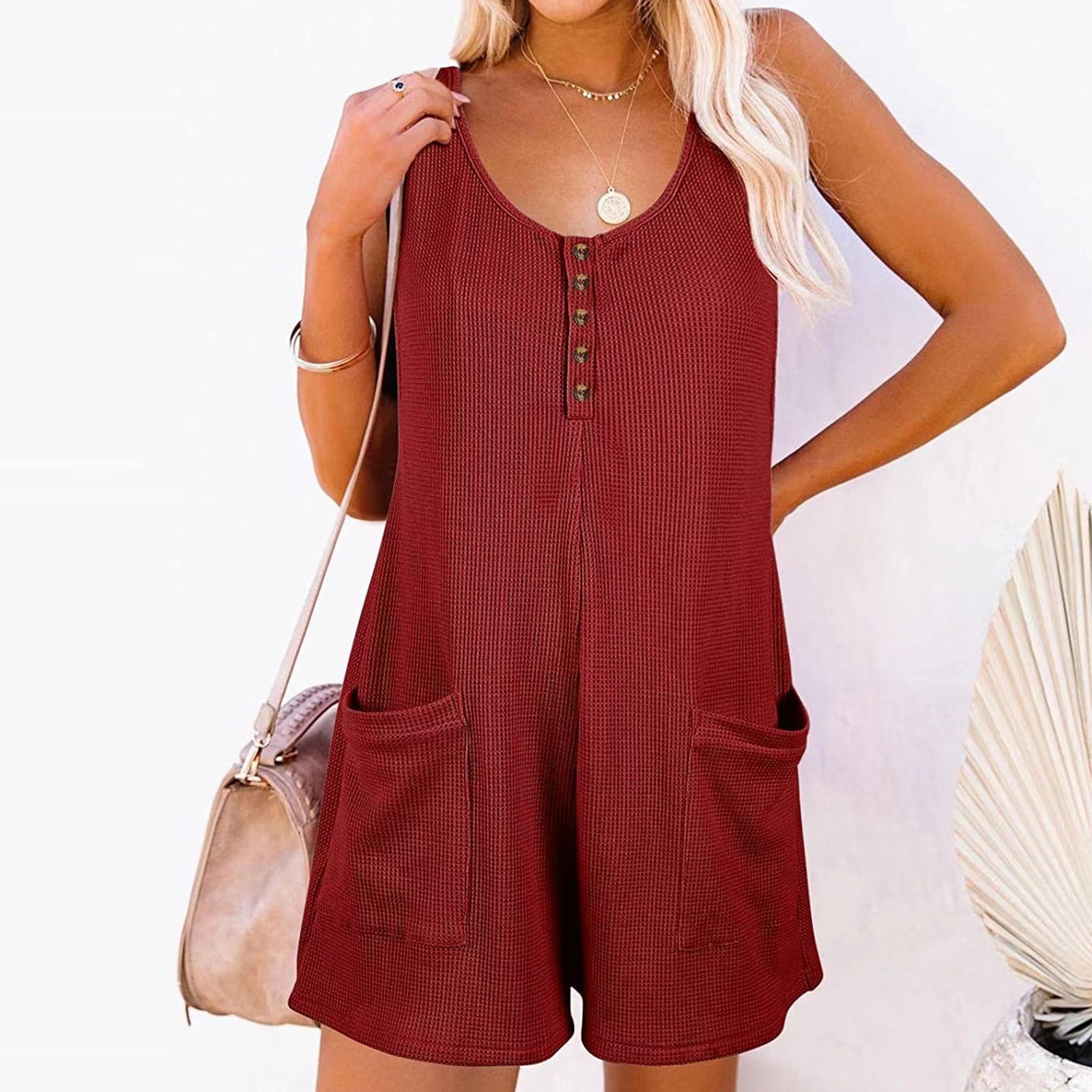 Rompers for Women Snoarin Plus Size Sexy Button V-Neck Sleeveless Loose Fit Wide Leg Overalls ...