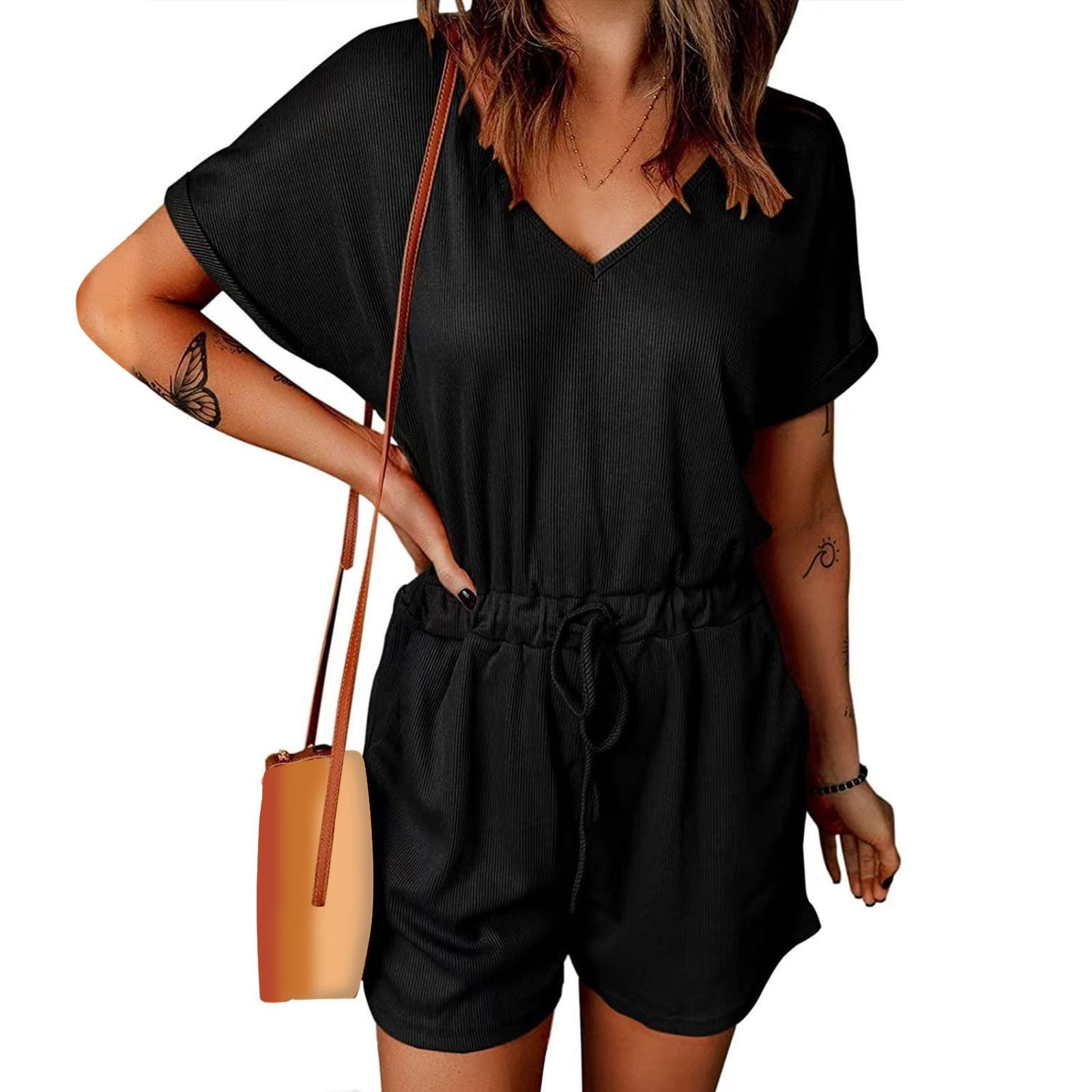 Summer Plus Size Loose Fit Solid Color V-Neck Short Sleeve Rompers ...