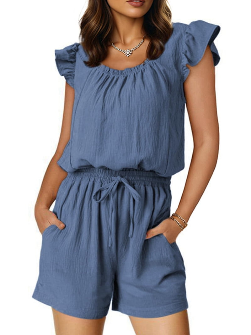 Rompers for Women Summer Ruffle Sleeves Square Neck Drawstring Casual ...