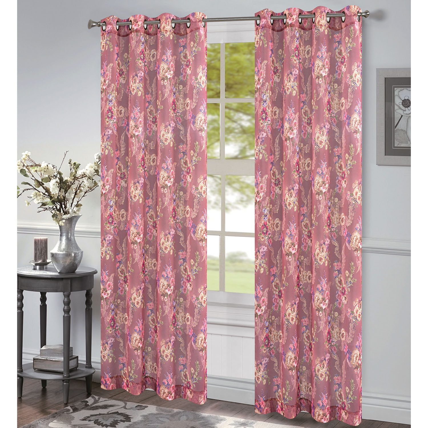 Romy Floral Printed Foil Dolly Sheer Window Grommet Panel, Burgundy ...