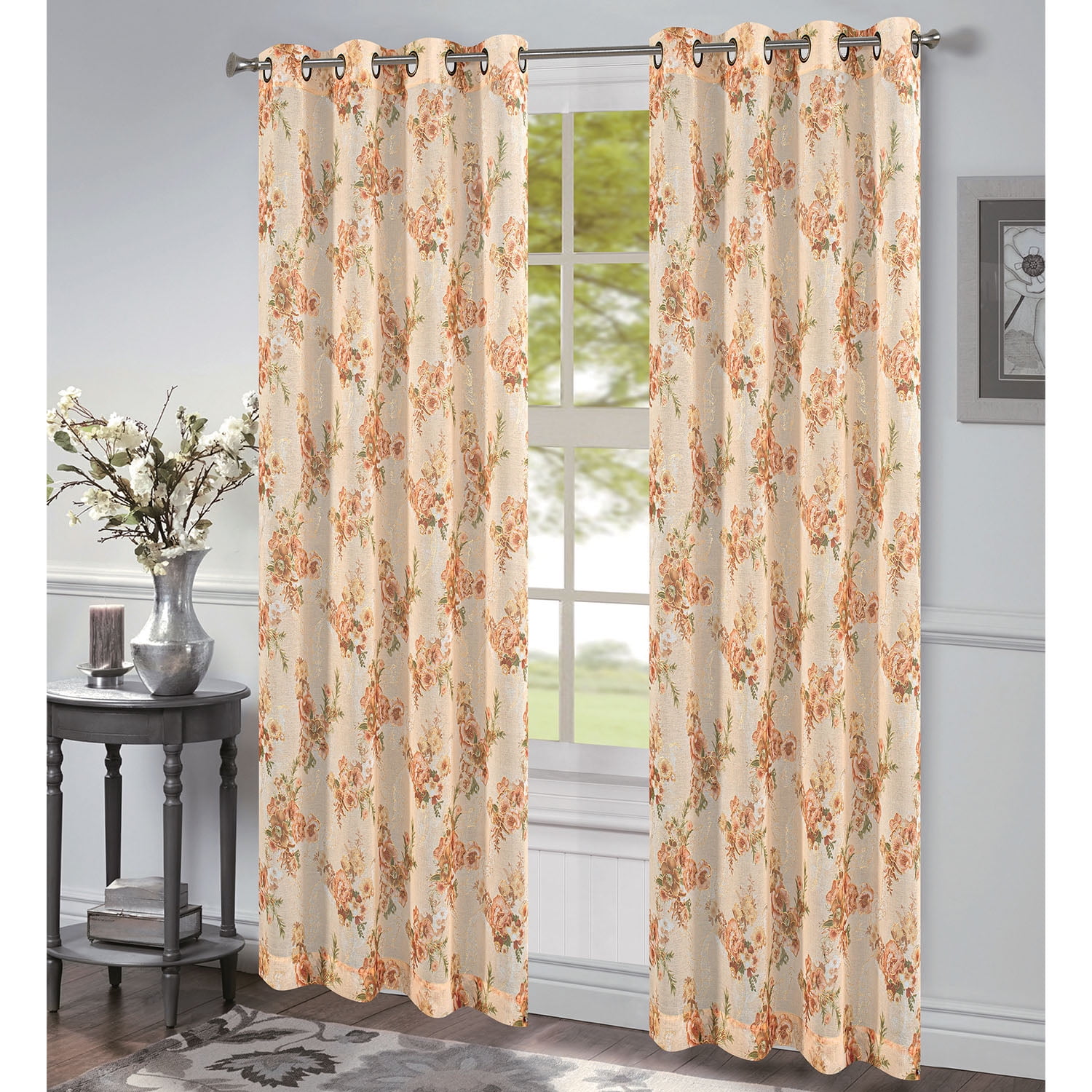 Romy Floral Printed Foil Dolly Sheer Window Grommet Panel, Gold, 54x84 ...