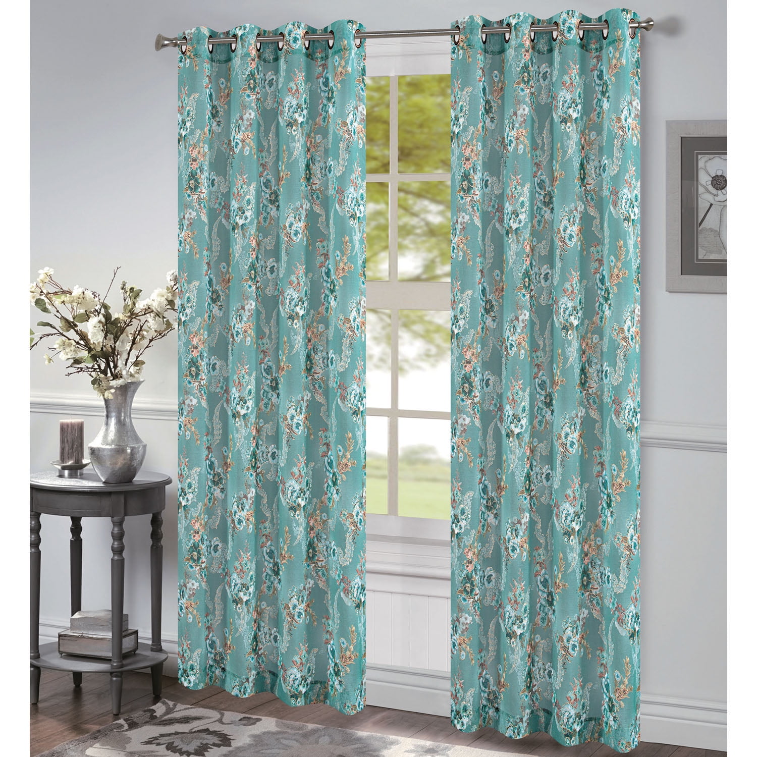 Romy Floral Printed Foil Dolly Sheer Window Grommet Panel, Teal, 54x84 ...